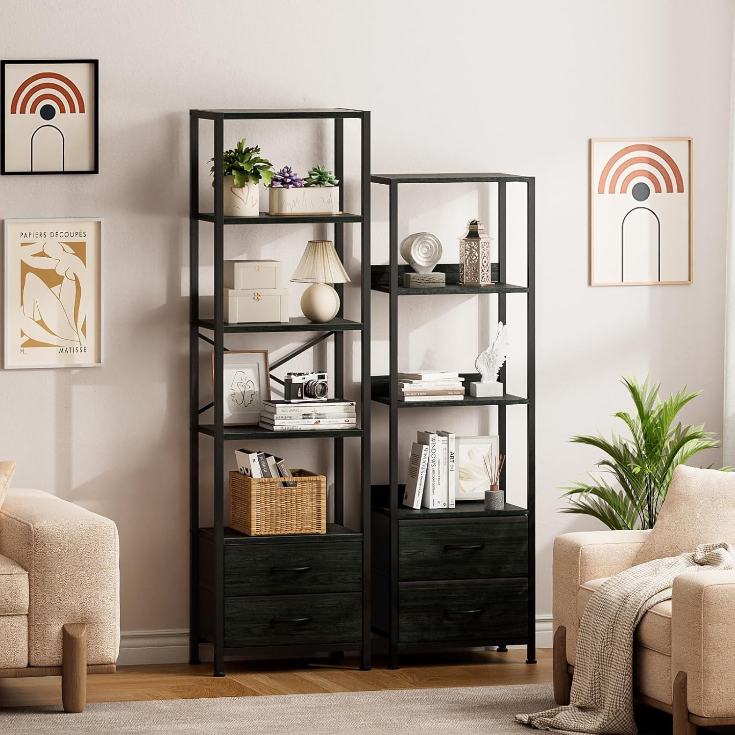 VYIHBO 5-Tier Corner Shelf Narrow Bookshelf with 2 Storage Drawers Tall ...