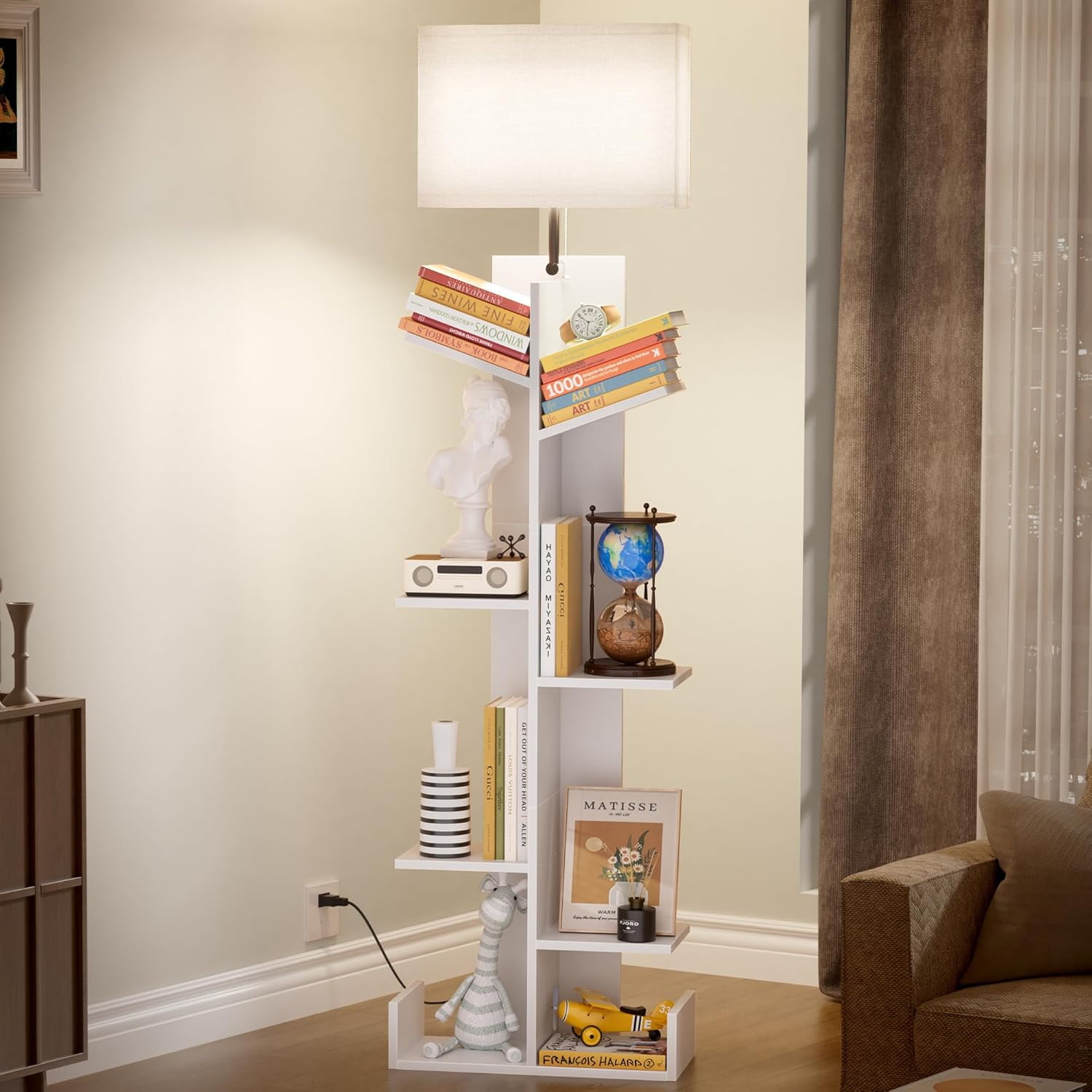 7 Tier Bookshelf with Light, Narrow Bookcase Tower with Lamp, Tall Book ...