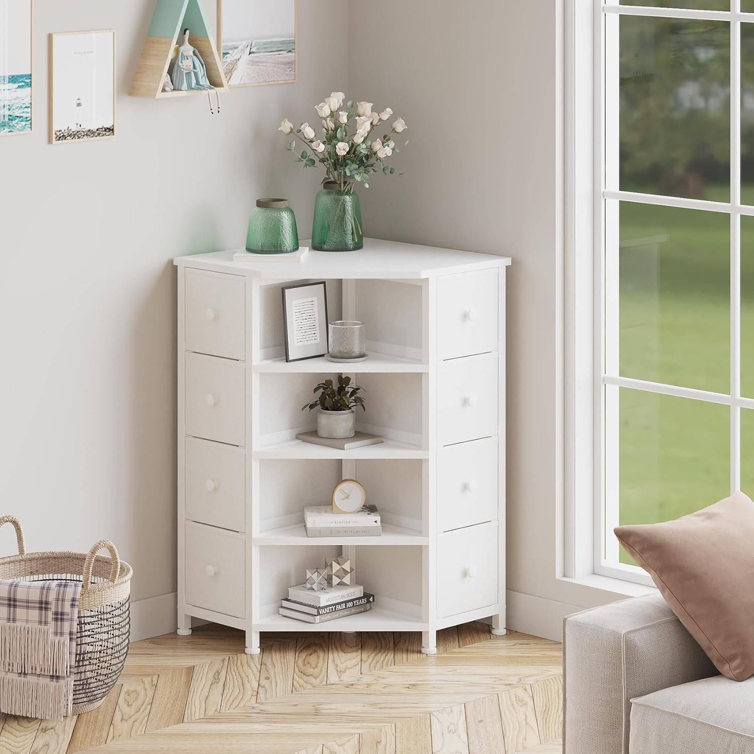 VYIHBO 8 Drawers Corner Dresser with Storage Fabric Drawers and Open ...