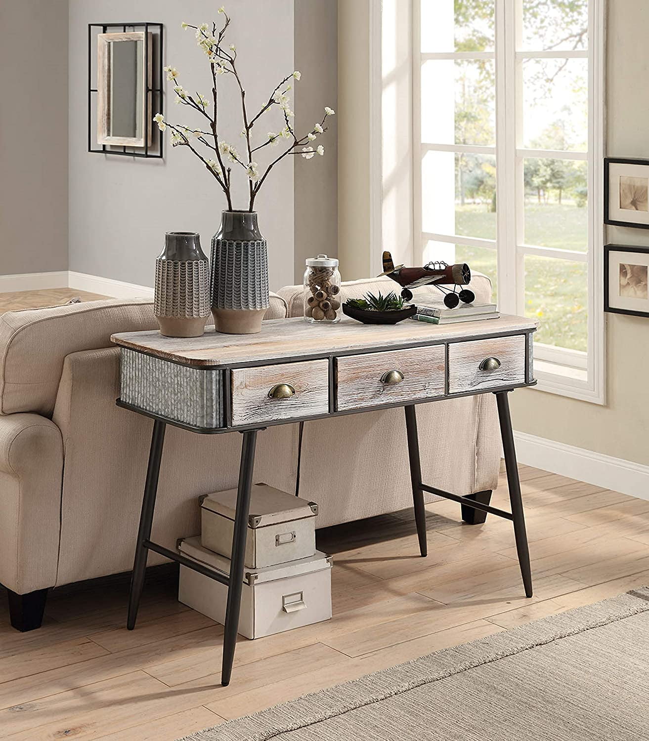 VYIHBO ALTA COLLECTION ENTRY TABLE WITH 3 DRAWERS/Washed Fir Wood w ...
