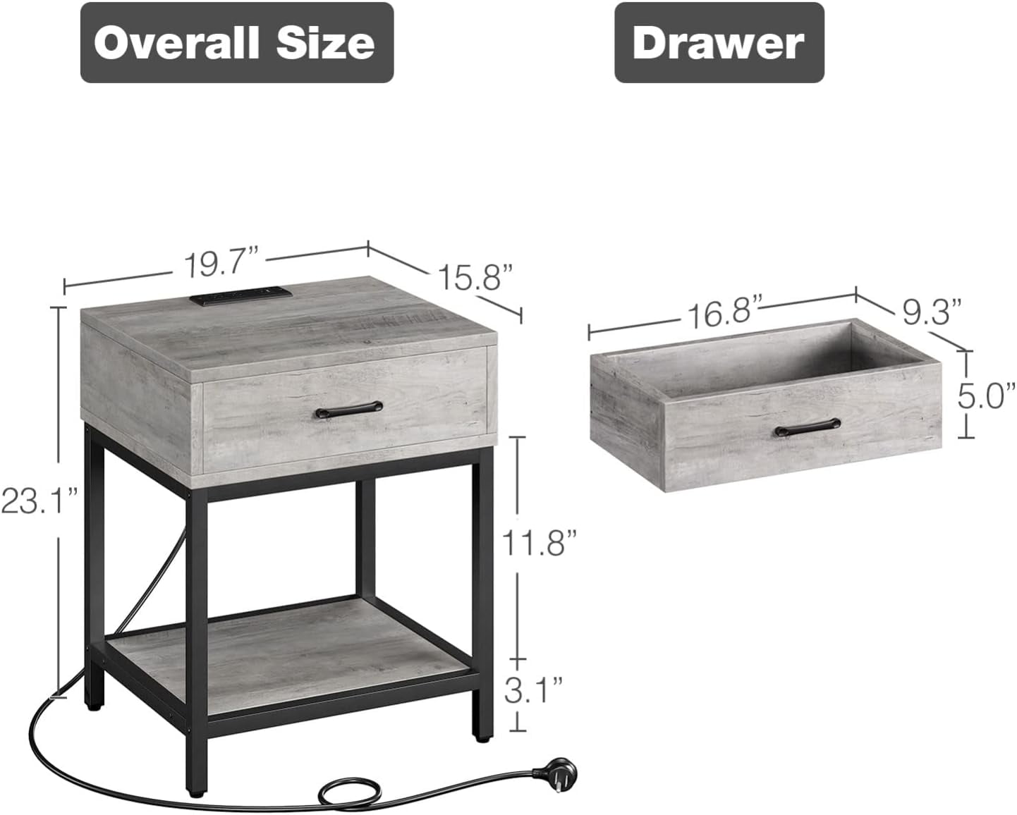 VYIHBO Grey Nightstand with Charging Station End Tables Living Room ...