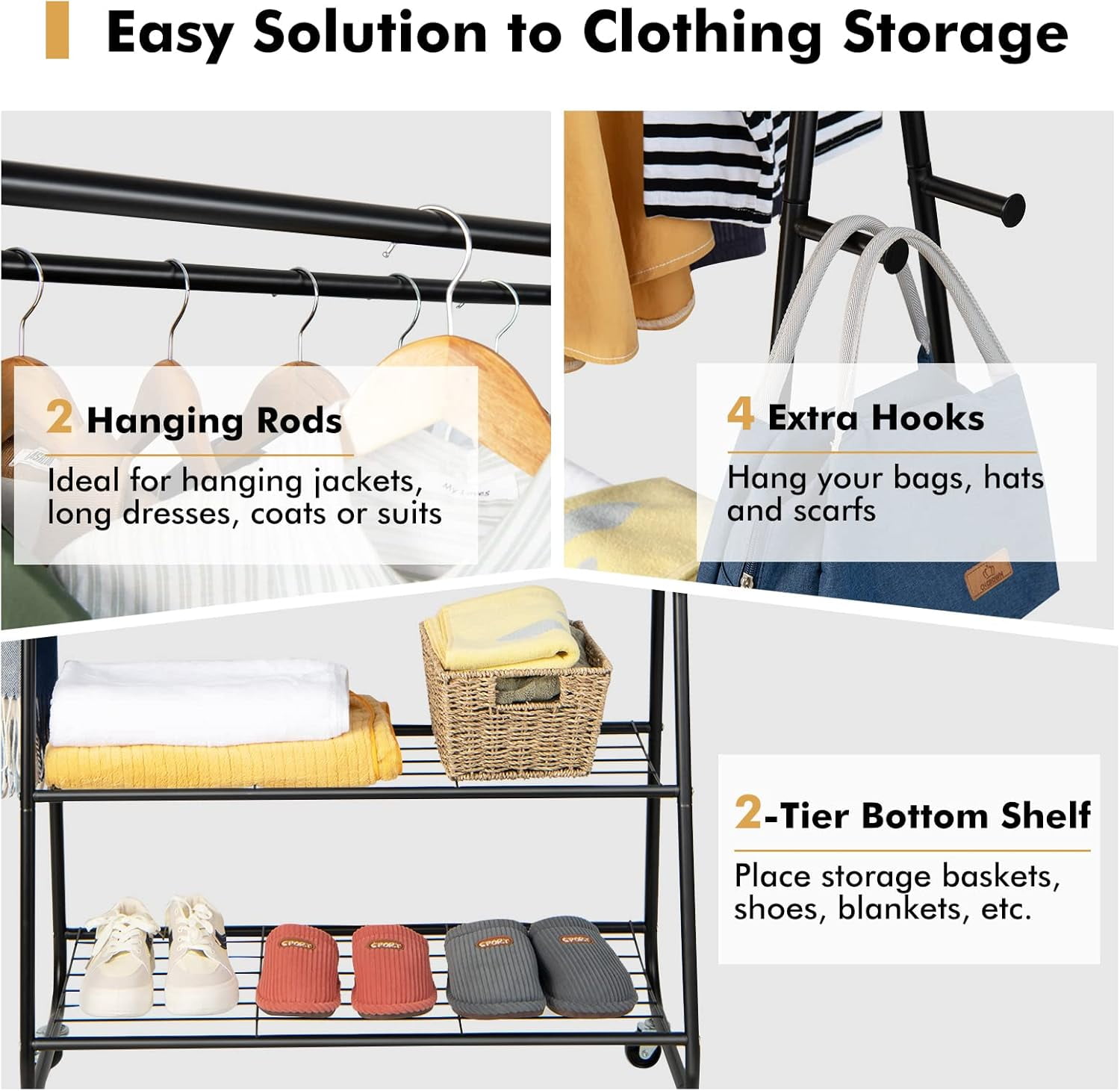 VYIHBO Metal Rolling Garment Rack Clothing Rack with Wheels Double ...