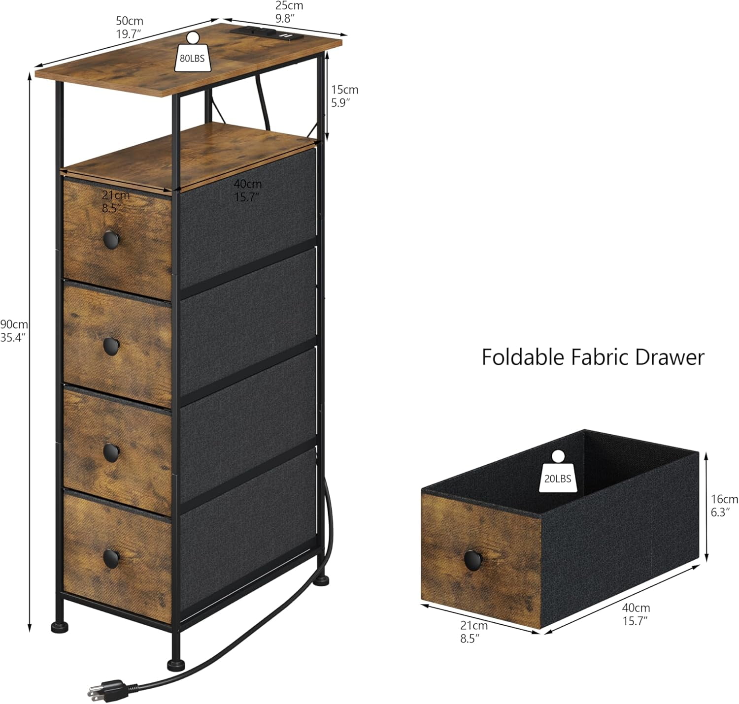 VYIHBO Narrow Dresser with Charging Station LED Storage Tower with Fabric Chest of Drawers for ...