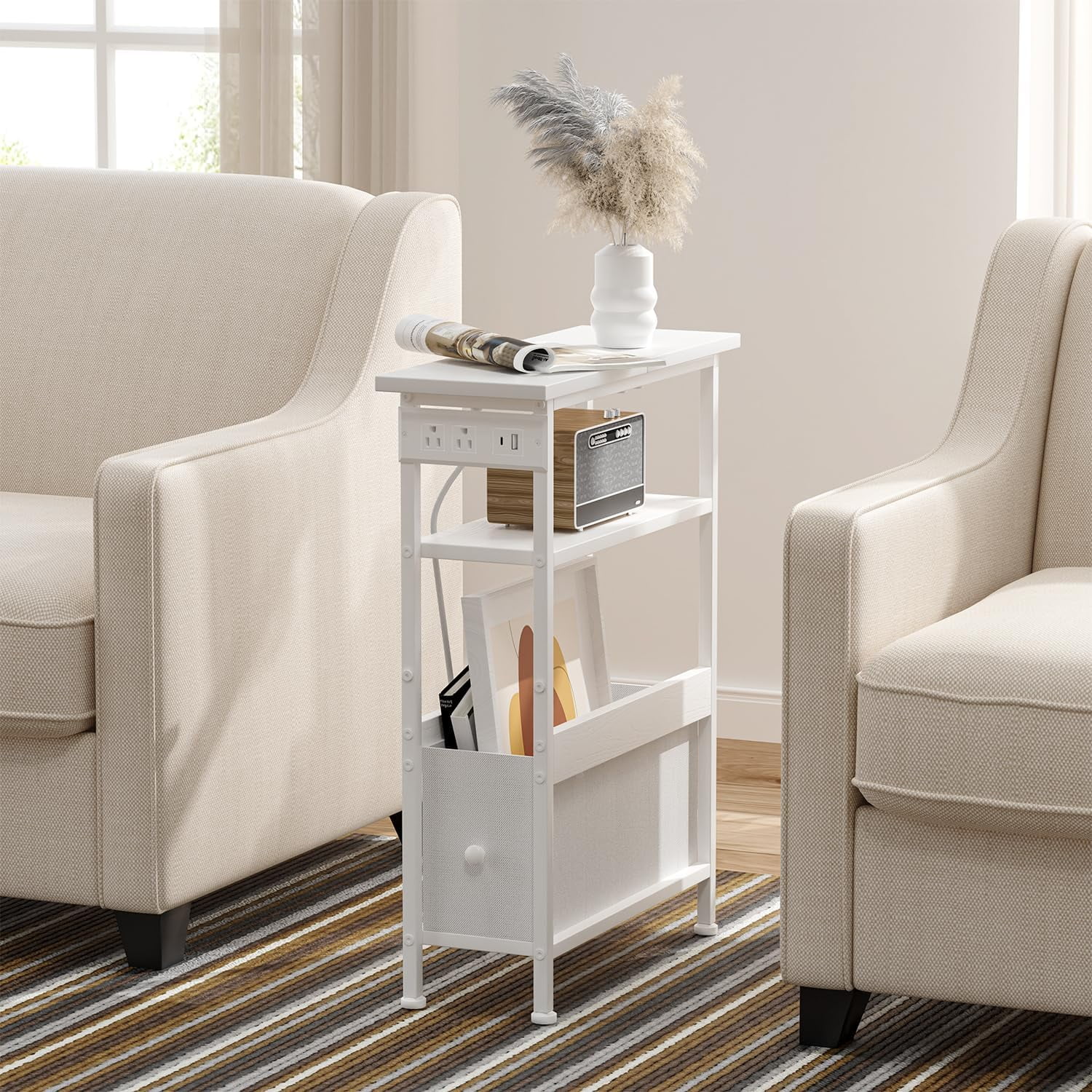 VYIHBO Narrow Side Table with Charging Station and LED Light End Table ...