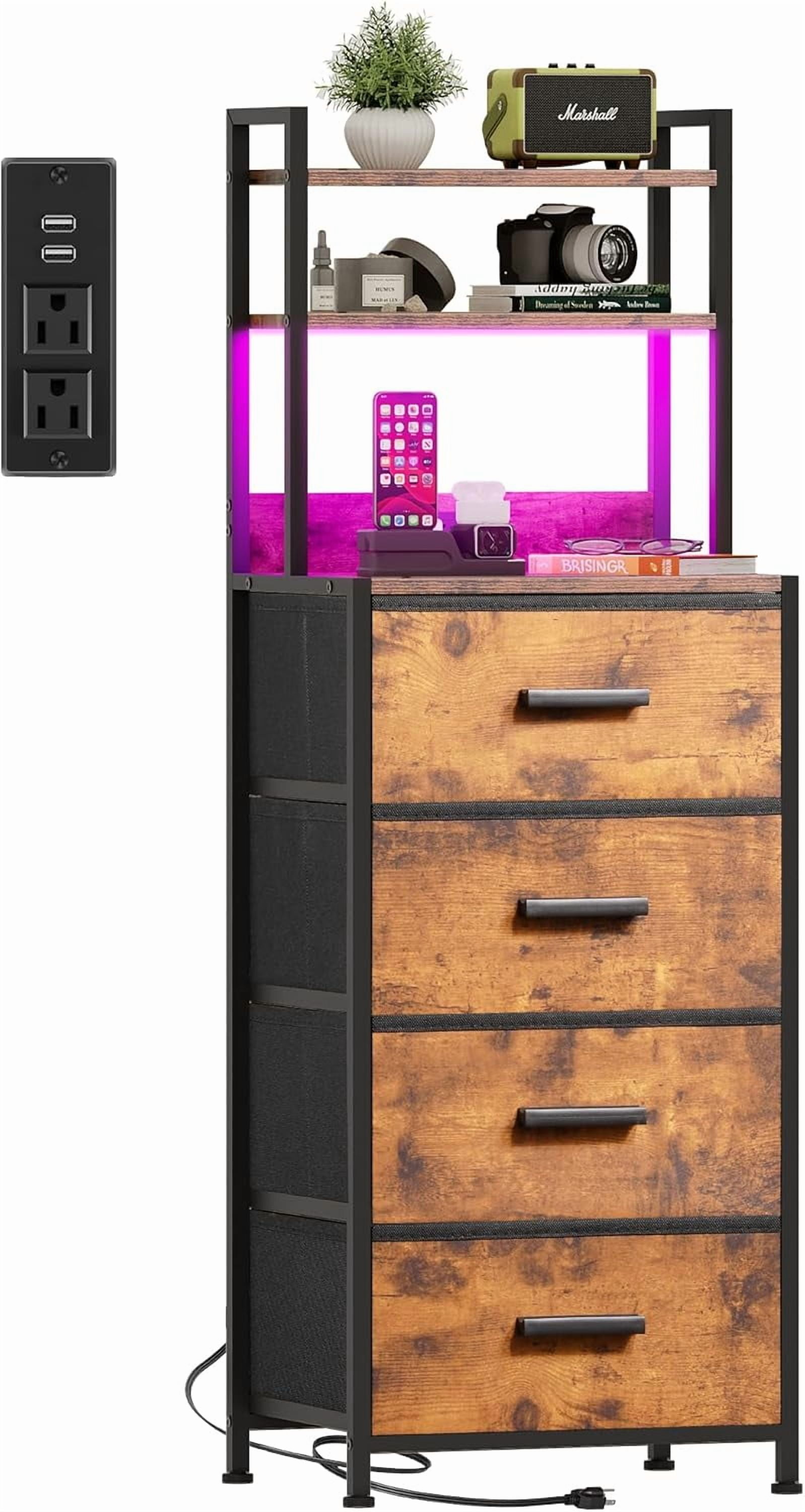 hltusyp Nightstand 4 Drawer Dresser with LED Lights Charging Station ...