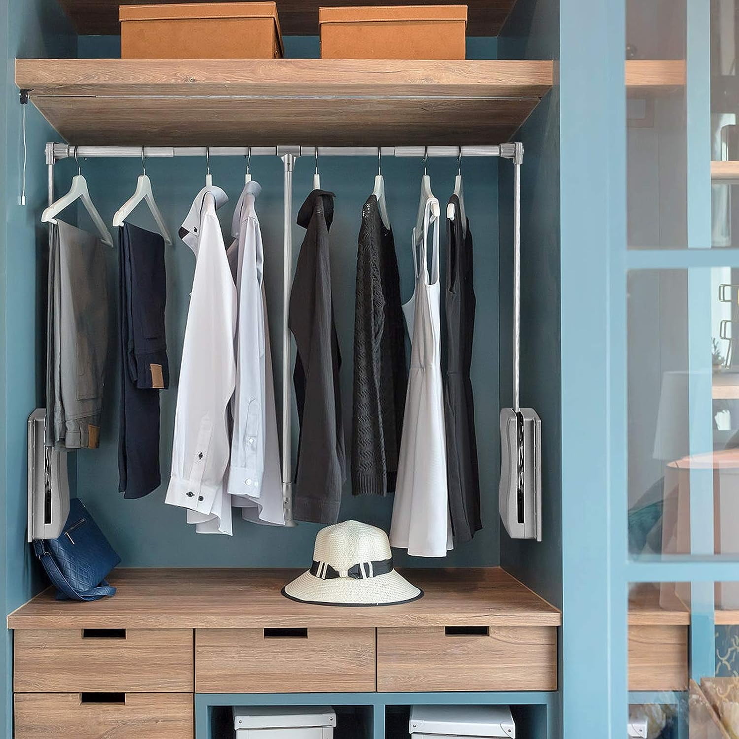 VYIHBO Pull Down Closet Rod Adjustable Wardrobe Rail Organizer Storage ...