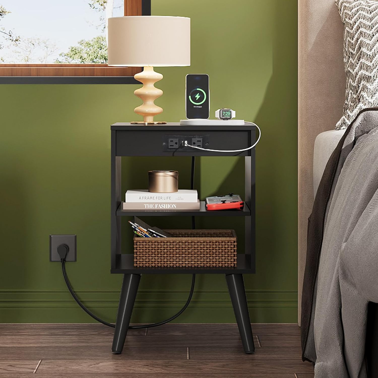 VYIHBO Rattan Nightstand with Charging Station Boho Night Stand Small ...