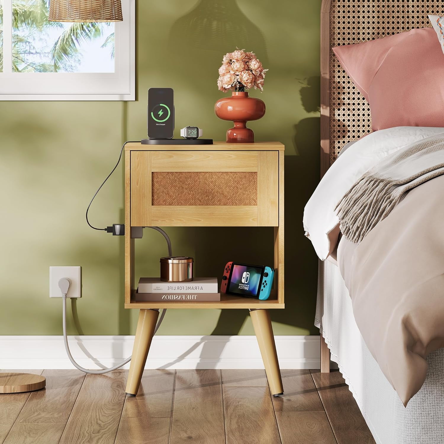 VYIHBO Rattan Nightstand with Charging Station Boho Night Stand Small ...