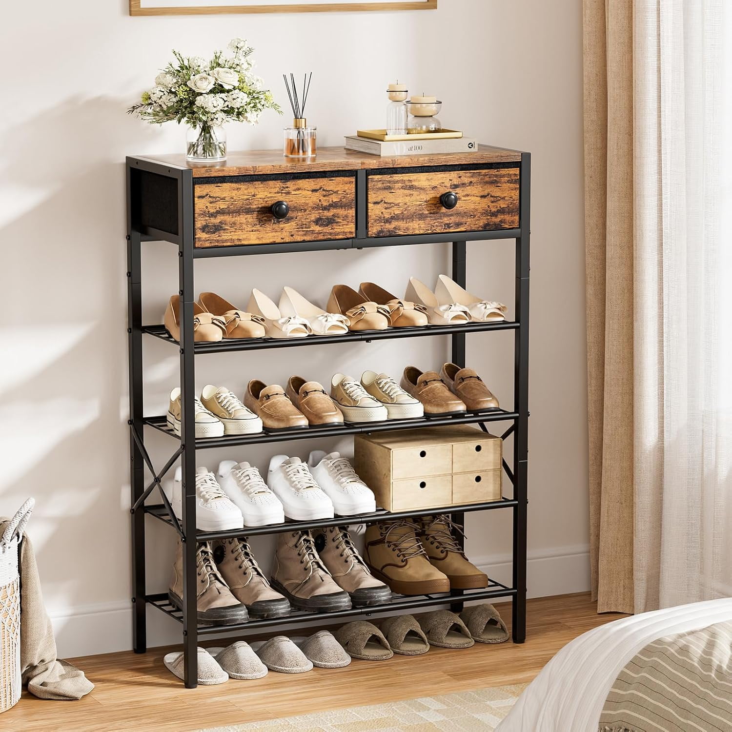 VYIHBO Shoe Rack for Entryway 5 Tier Shoe Organizer with 2 Non-Woven ...