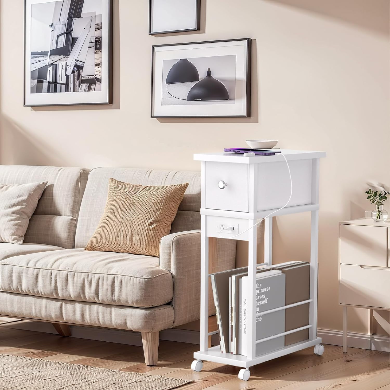 VYIHBO Side Table Side Table with Charging Station and Drawer Narrow ...