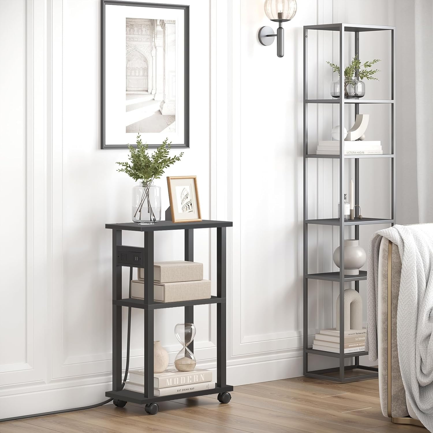 VYIHBO Small Narrow Side Table with Charging Station Skinny End Table ...