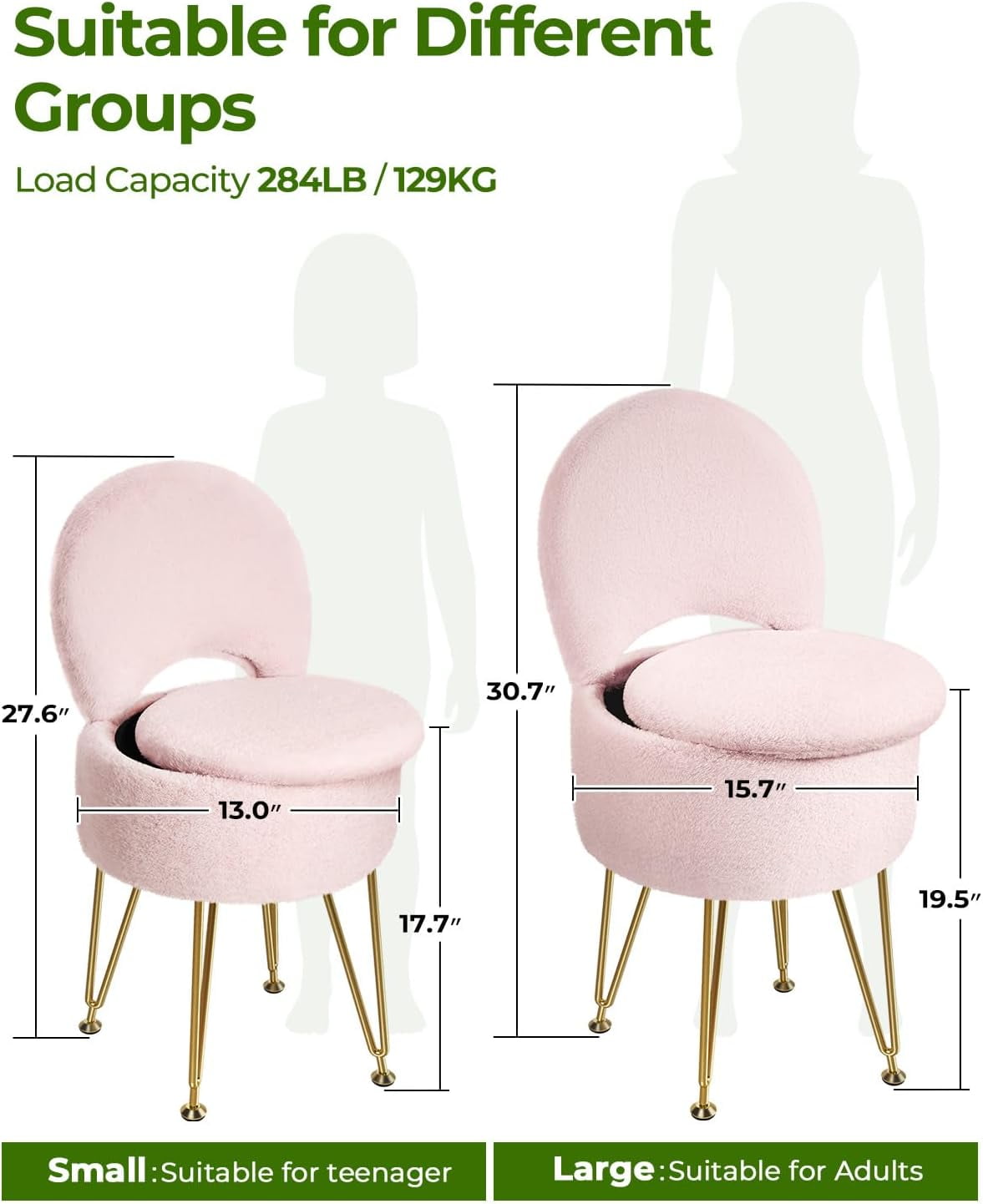 VYIHBO Small Vanity Stool Chair with Storage and Folding Back 13" x 13 ...