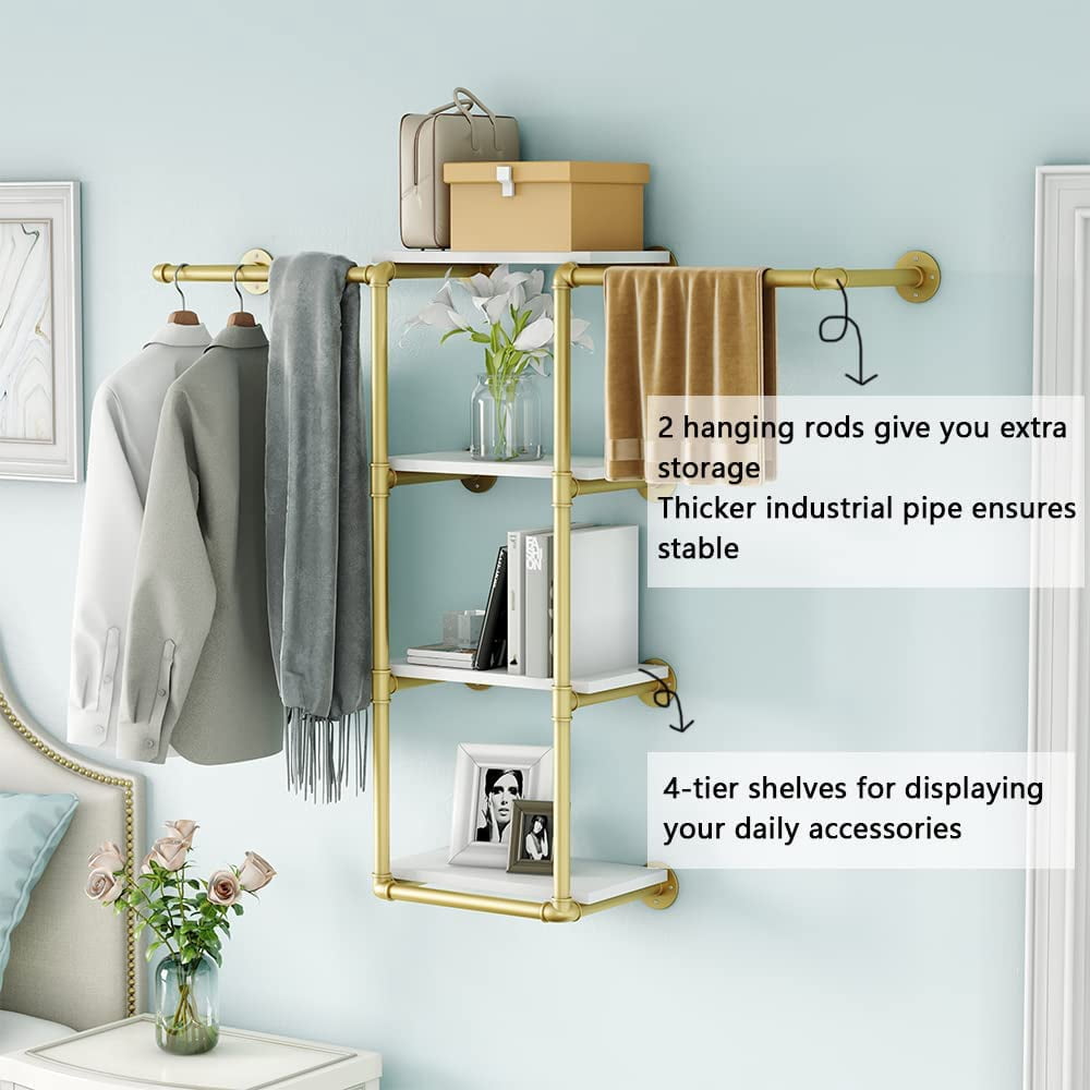 VYIHBO Wall Mounted Pipe Clothing Rack with Shelf Gold Clothes Rack ...