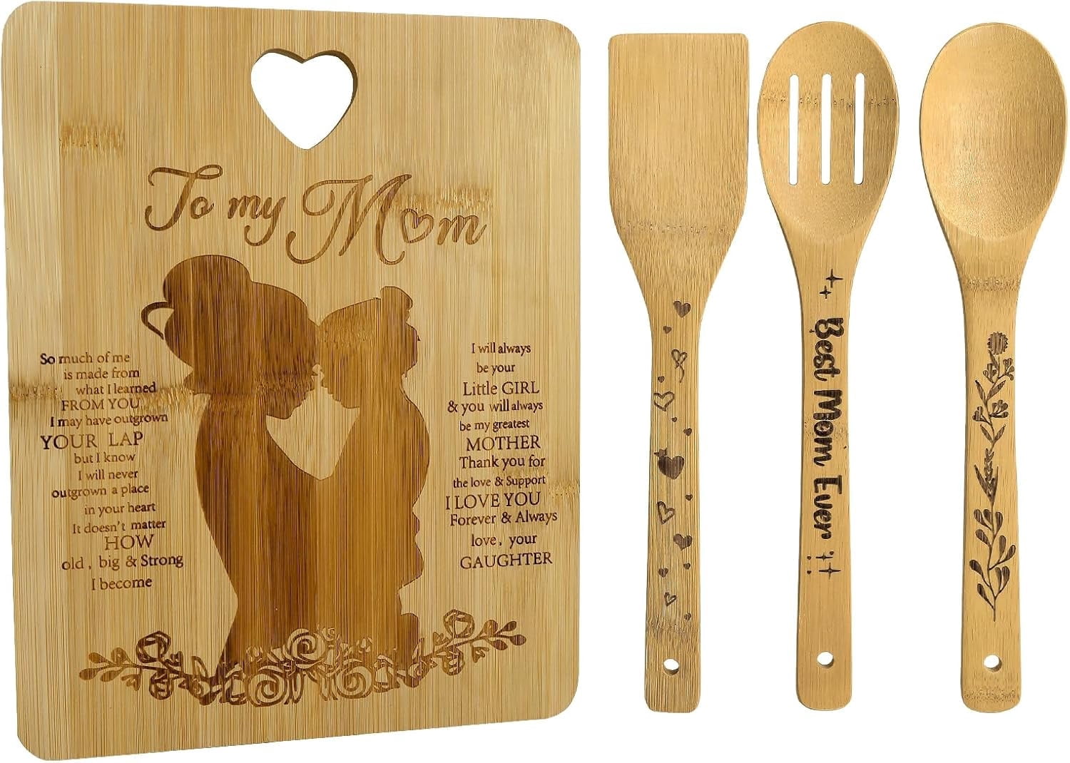 Bamboo Wood Decorative Wooden Spoons and Cutting Board Set Mom Themed ...