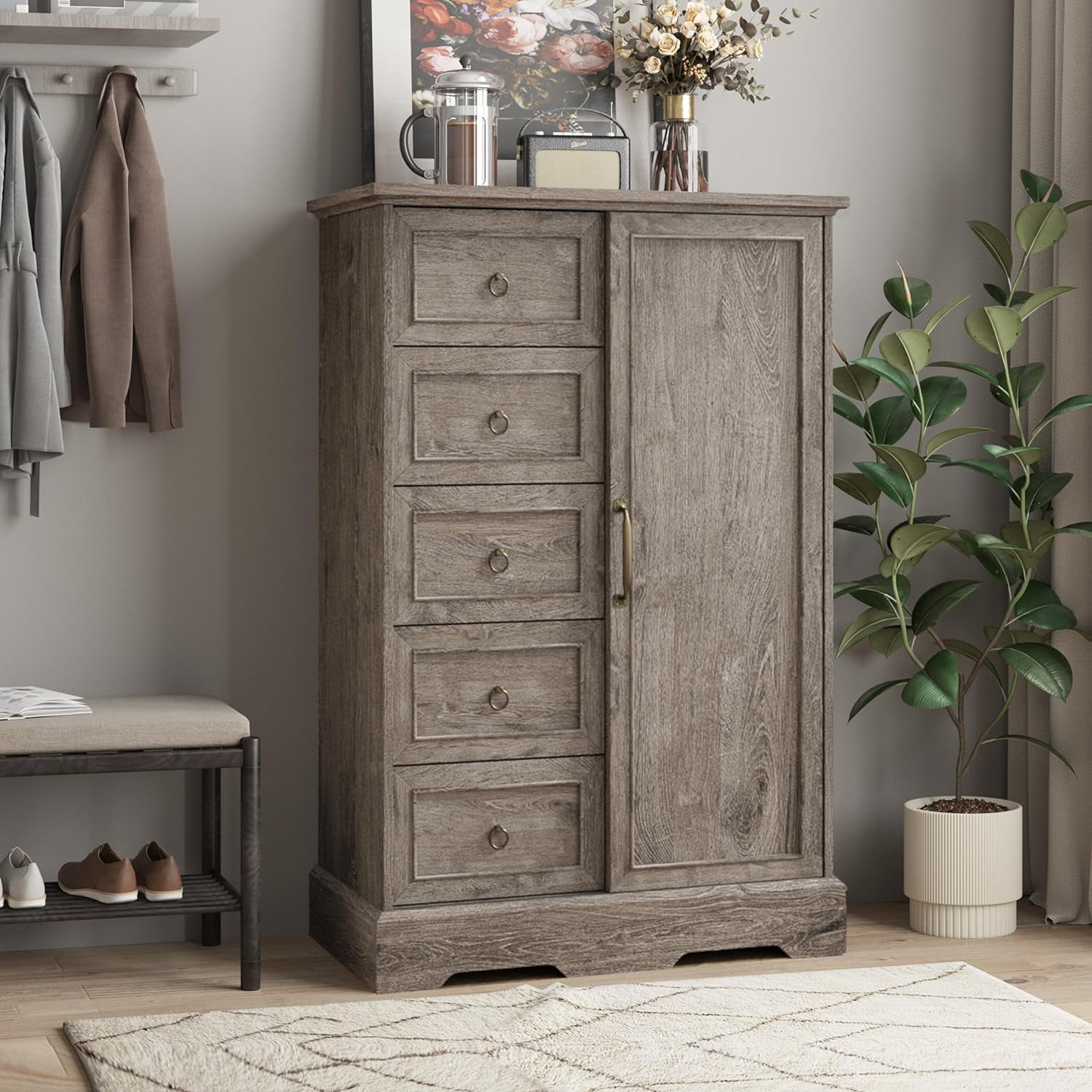 Vabches Rustic Farmhouse 5-Drawer Dresser with Sliding Barn Door ...