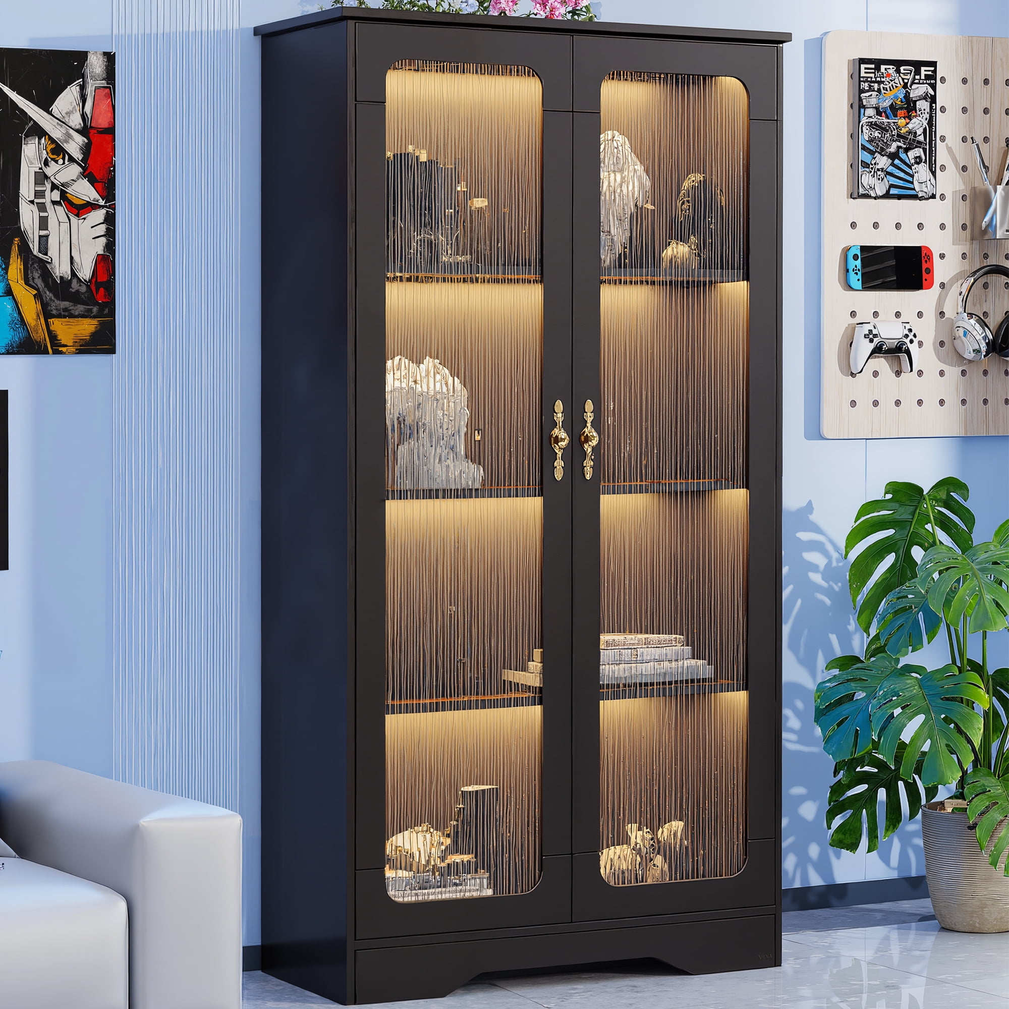Vabches 55" Display Cabinet with Glass Doors, Storage Cabinet with LED ...