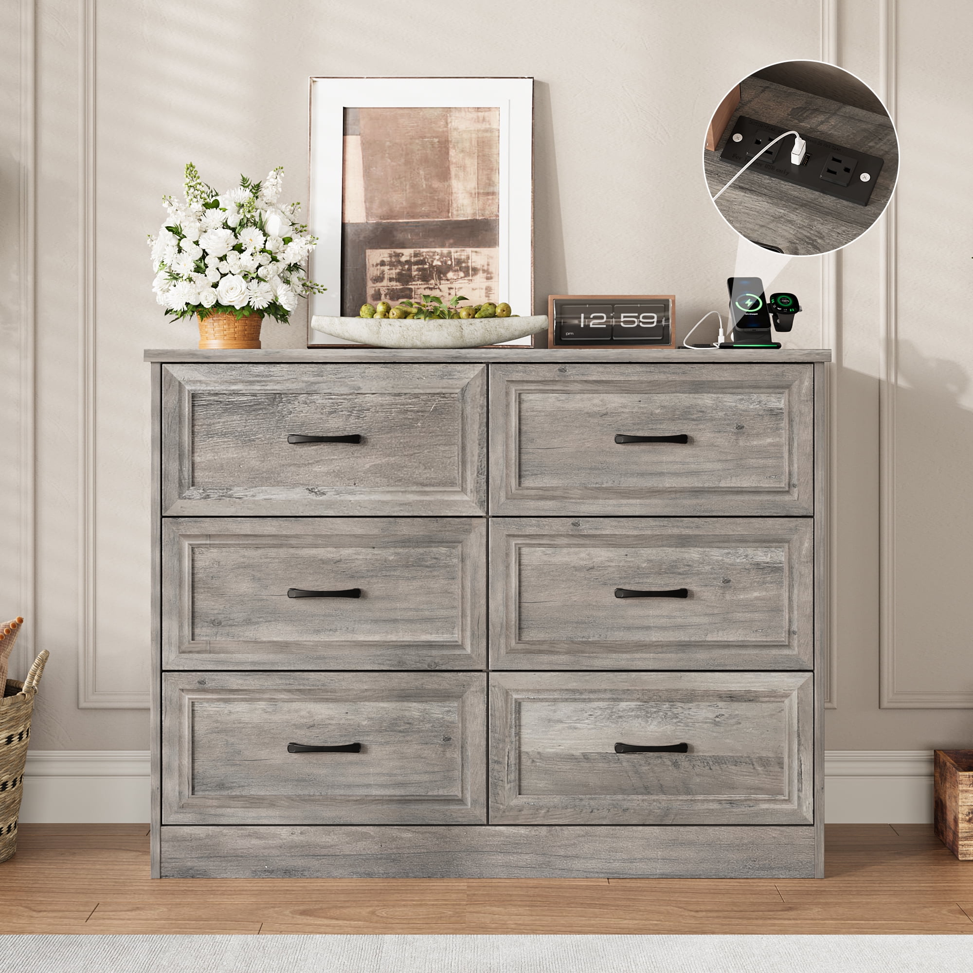 Vabches Modern 6-Drawer Dresser with Charging Station in Ash Grey ...