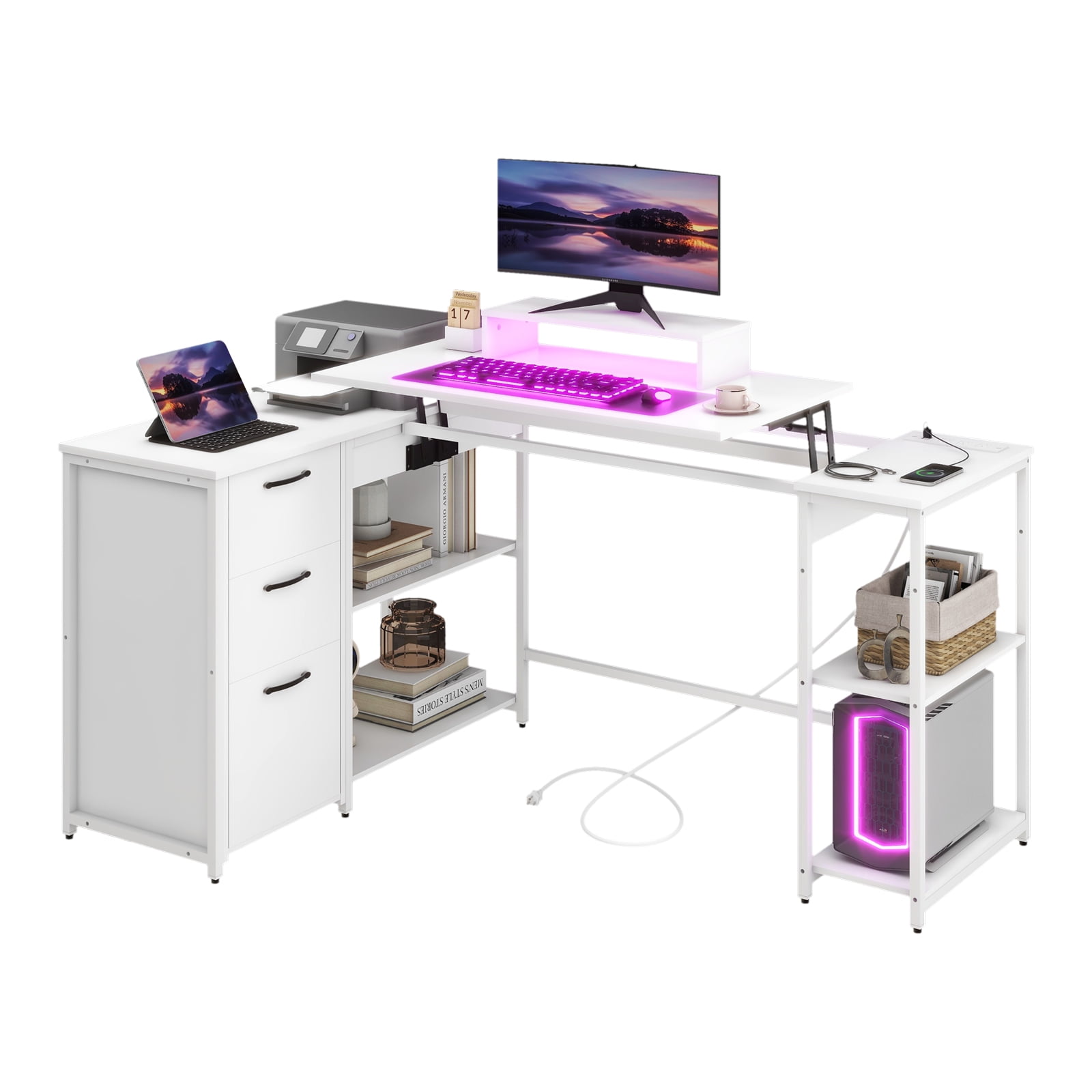 Vabches 61" L Shaped Computer Desk with LED Lights and Power Outlets ...