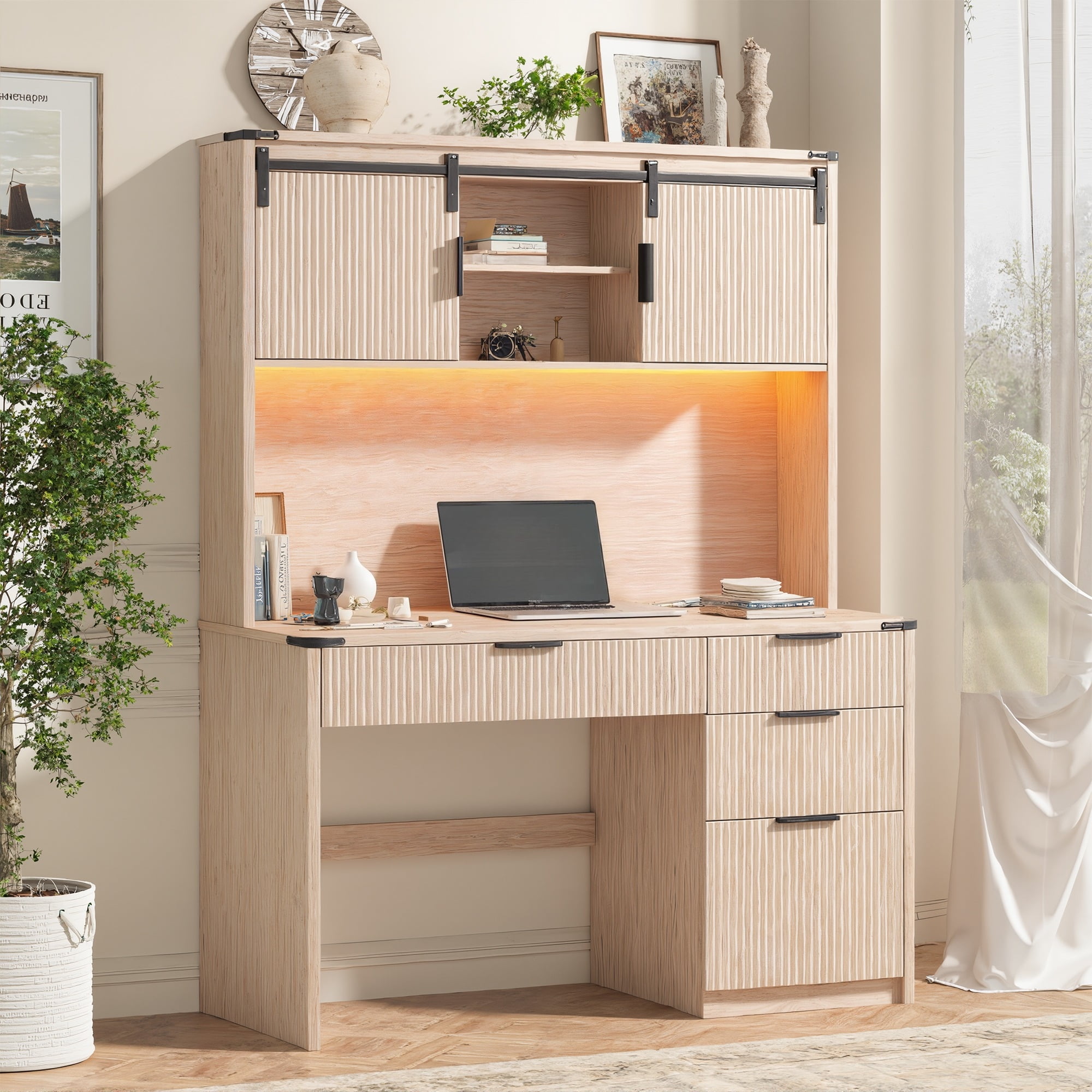 Vabches 68" H Fluted Executive Desk with Hutch & LED Light, Farmhouse ...