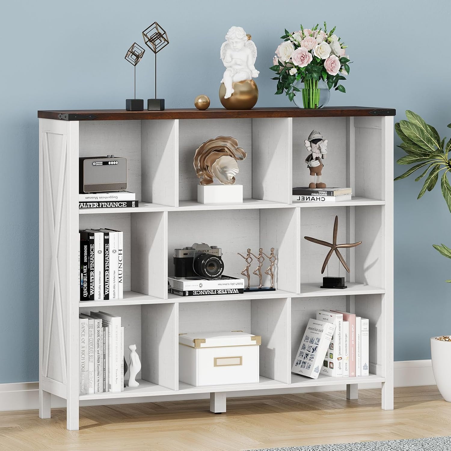 Vabches 9 Cube Storage Organizer Bookshelf, Farmhouse 3-Tier Wooden ...