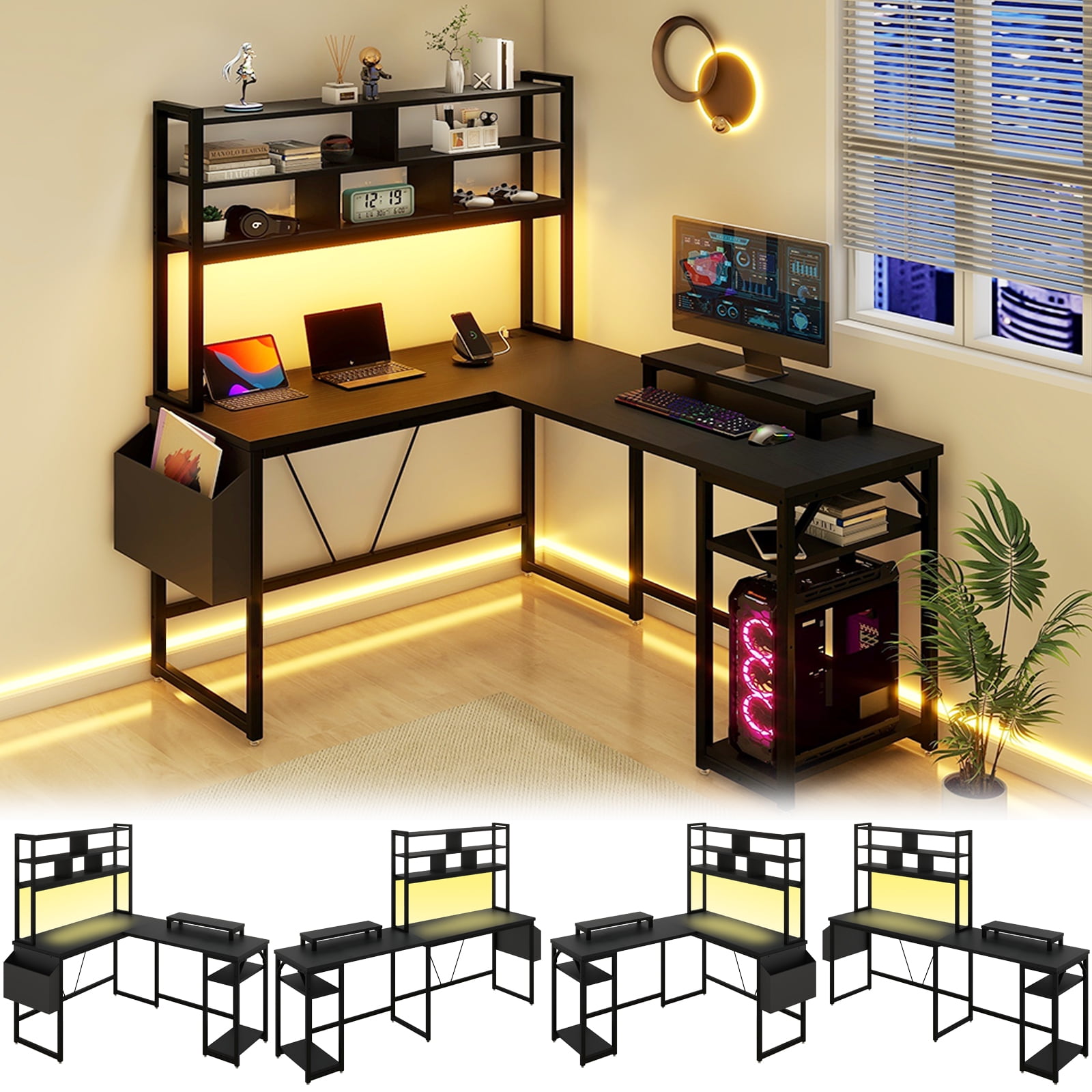 Vabches L-Shaped Computer Desk with LED Lights, Power Outlets, USB Port ...