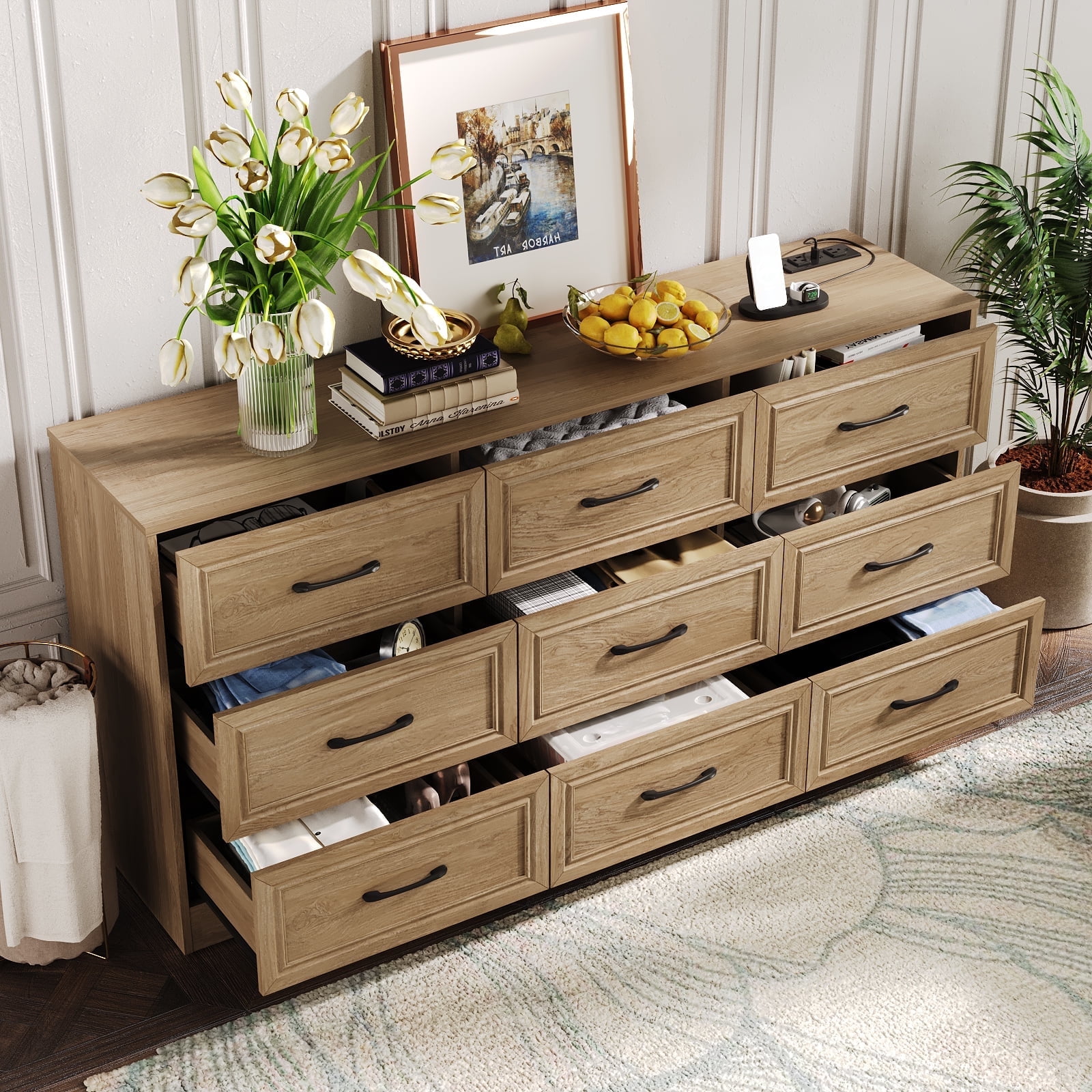 Vabches Dresser for Bedroom 9 Drawer Wide Dresser with Charging Station ...