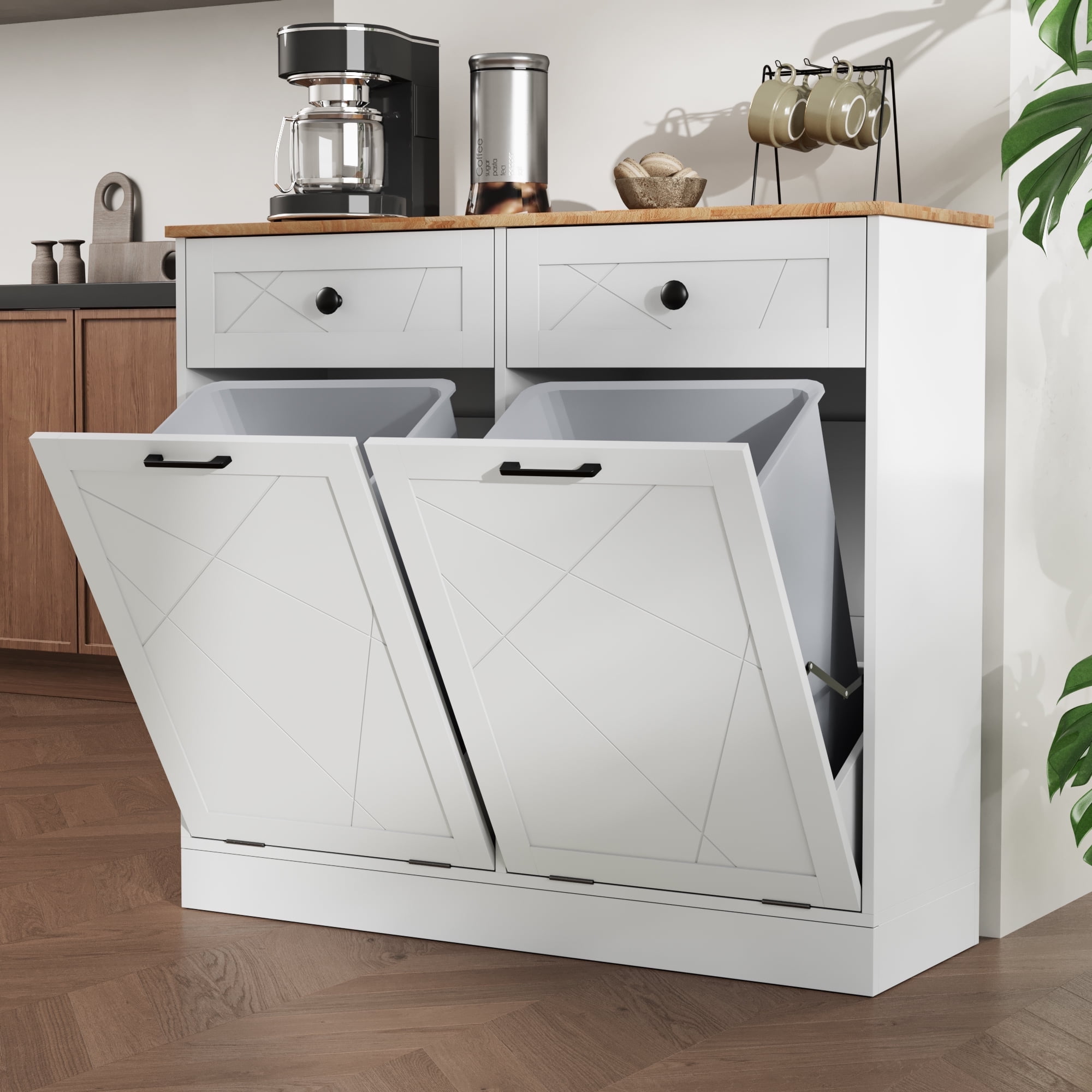 Uforic Kitchen Tilt Out Trash Can Cabinet with Drawer & Drop Leaf ...