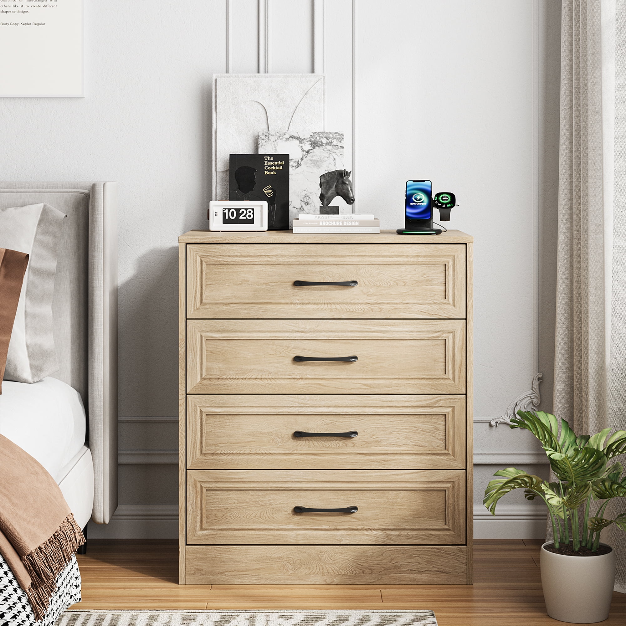 Vabches Farmhouse 4 Drawer Dresser with Metal Handle, Tall Wood Chest ...