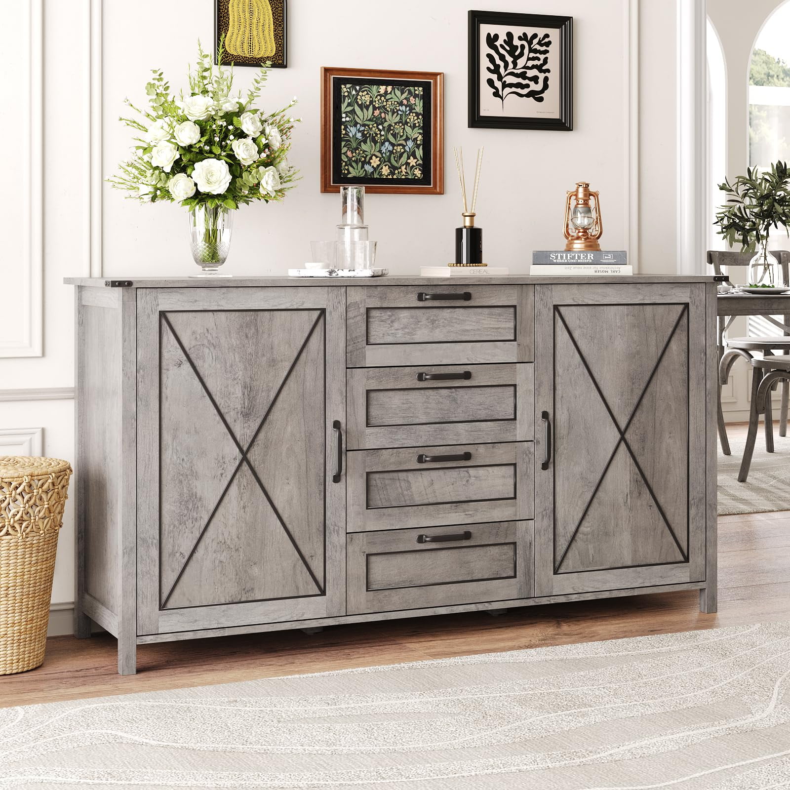 Vabches Farmhouse Coffee Bar Cabinet With Adjustable Shelves, Wood ...