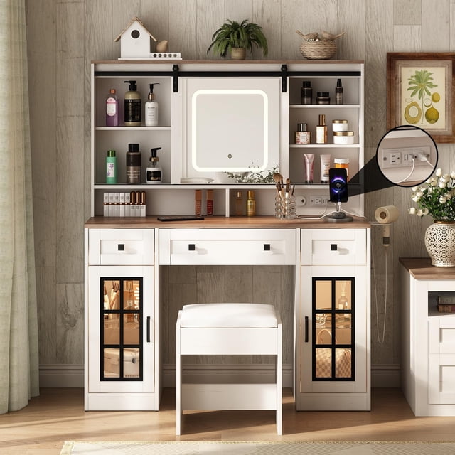 Vabches Farmhouse Makeup Vanity Desk with Sliding Mirror Large Vanity ...