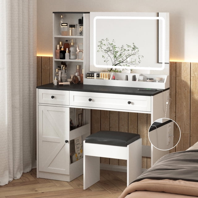 Vabches Farmhouse Vanity Set with Lighted Mirror, Assembled Desk with ...