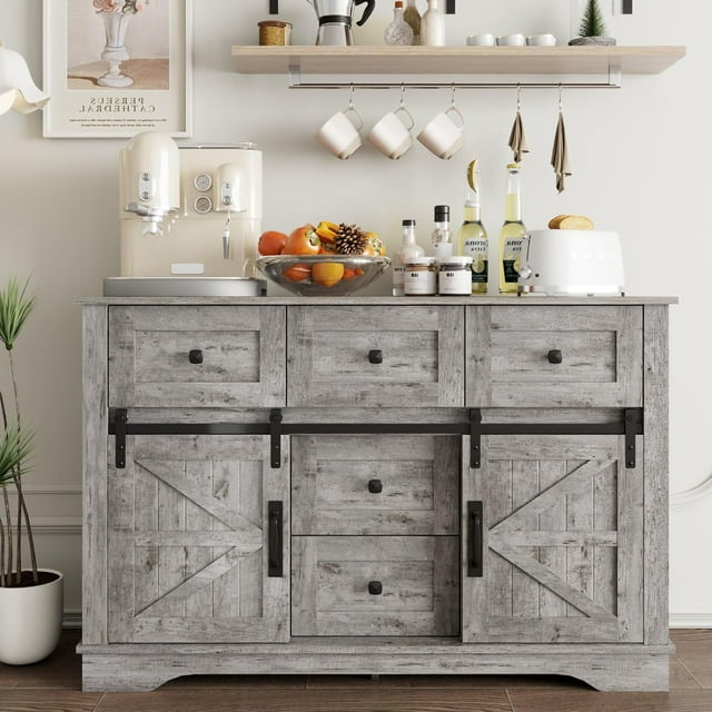 Vabches Farmhouse Buffet Cabinet, Kitchen Sideboard, Sliding Doors, 5 ...