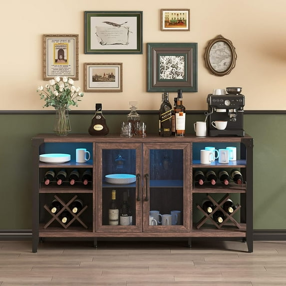 Vabches Farmhouse Wine Bar Cabinet with LED Lights, Coffee Bar Cabinet ...
