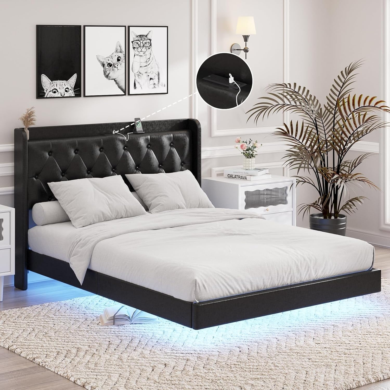 Vabches Full Size LED Floating Bed Frame with Wingback Headboard ...