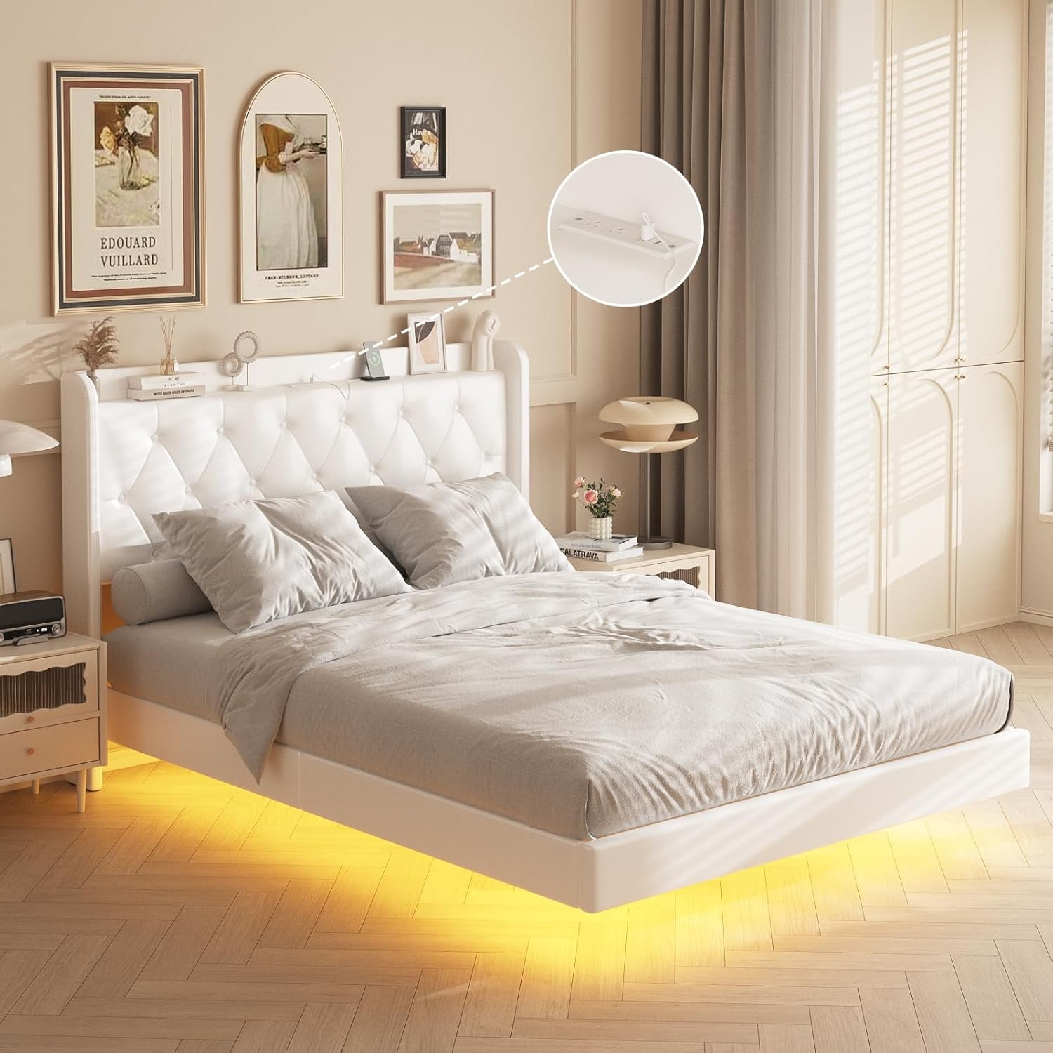 Vabches Full Size LED Floating Bed Frame with Wingback Headboard ...