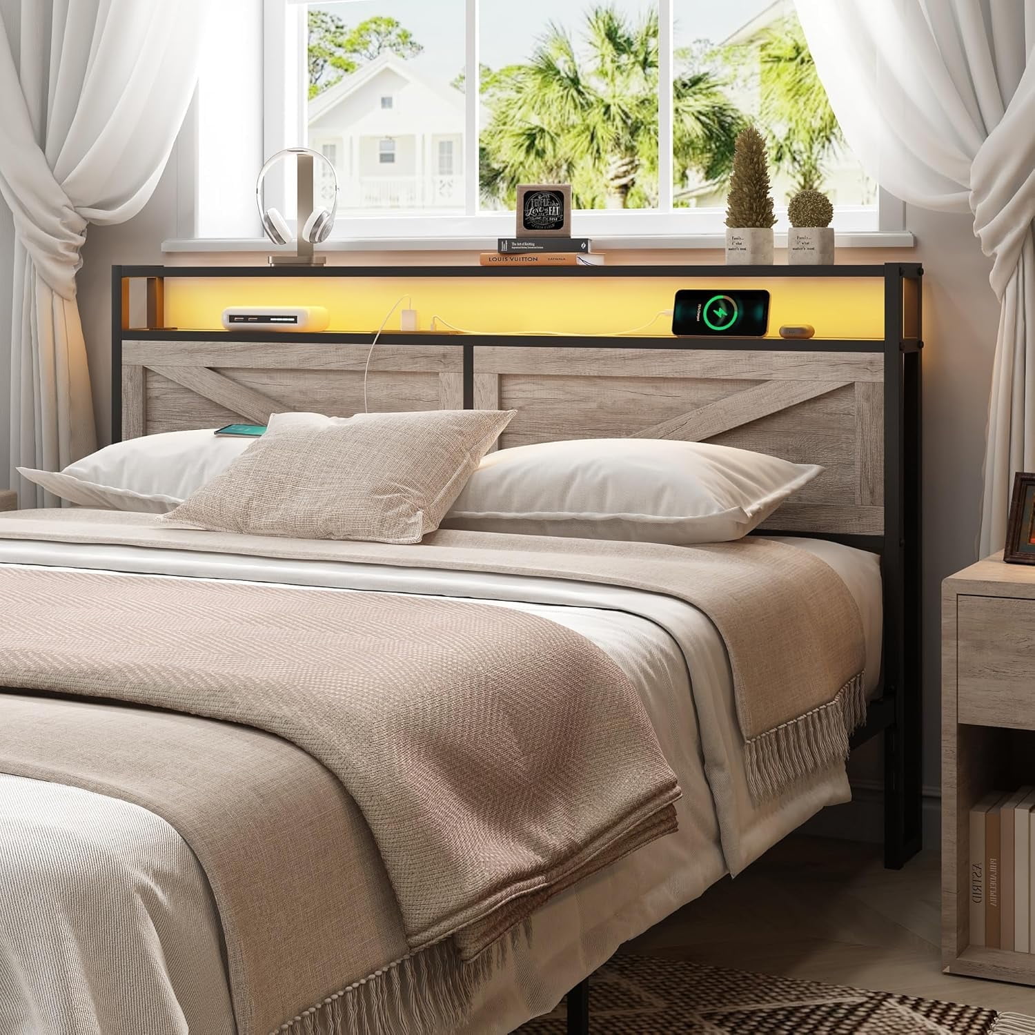 Vabches Full Size Wood Bed Frame Headboard with Storage & LED Light ...