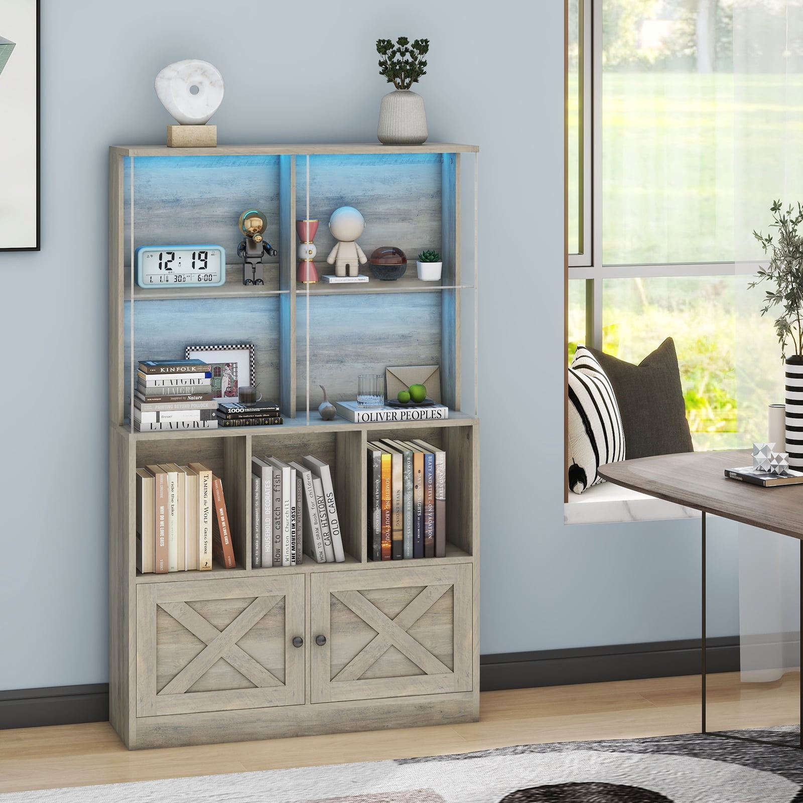 Vabches Wooden Bookcase with Glass Shelves, LED-light, Doors, Tall ...