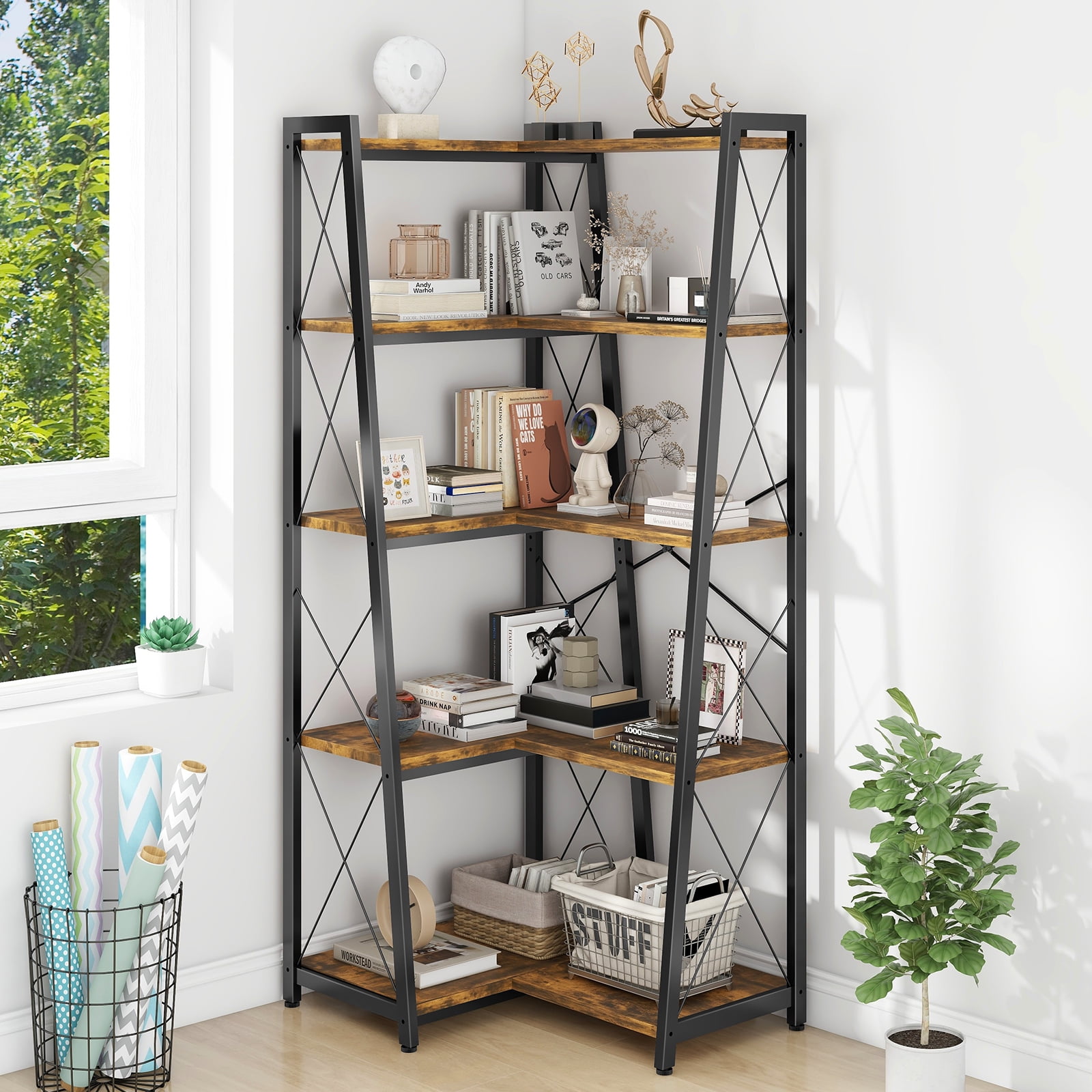Vabches Industrial Bookshelf, 5-Tier Corner Shelf, 10 opening shelves L ...
