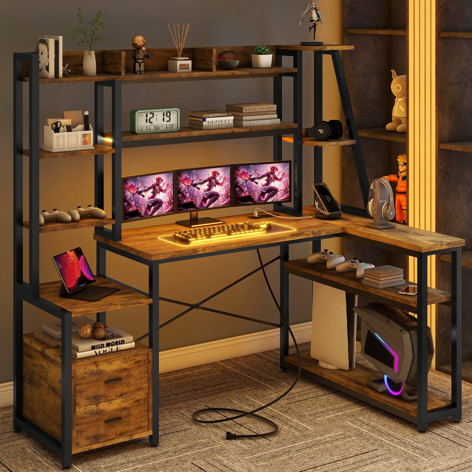 Vabches L Shape Computer Desk with LED Lights and Power Outlets, L ...