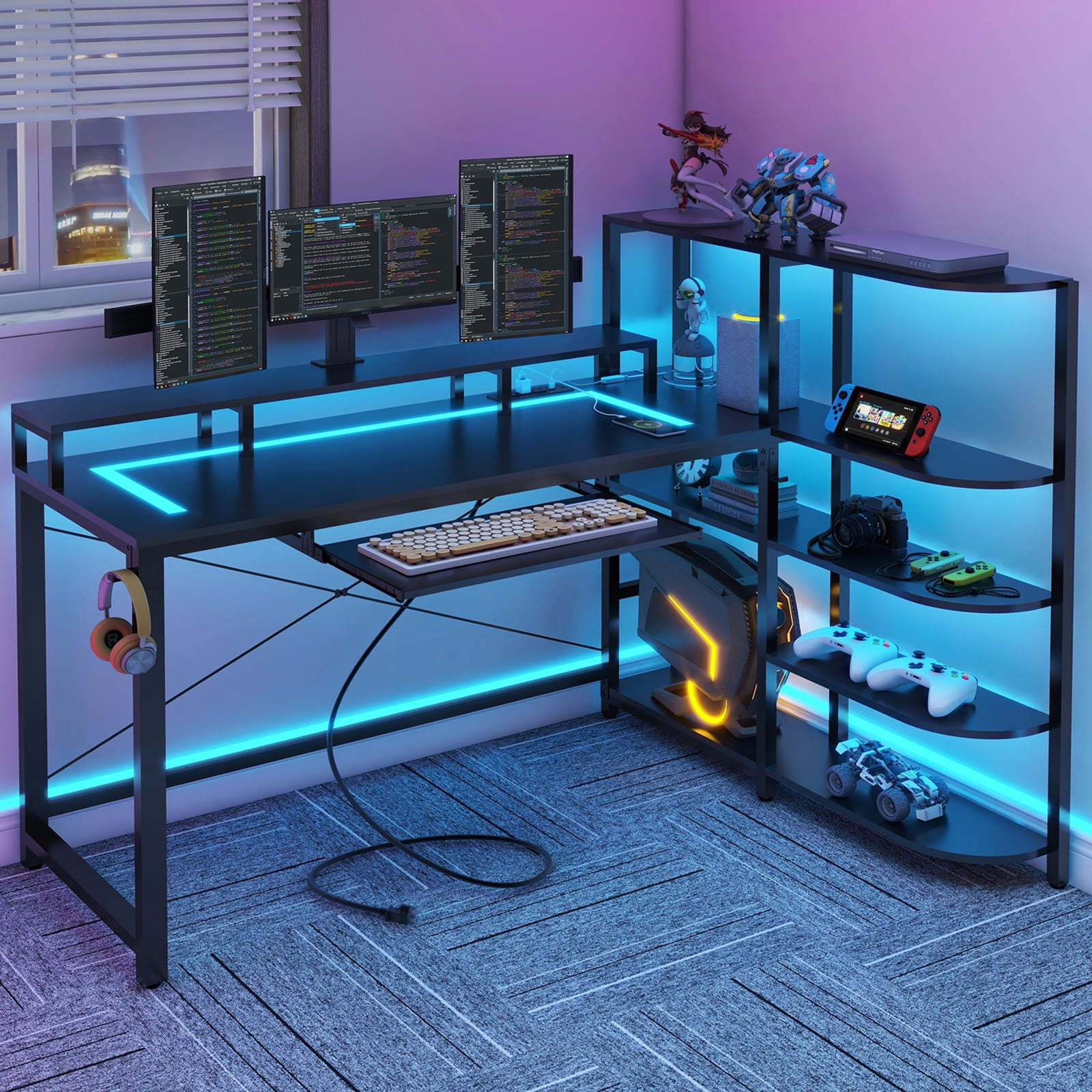 Vabches L Shaped Computer Desk, 56'' Gaming Desk with LED Lights ...