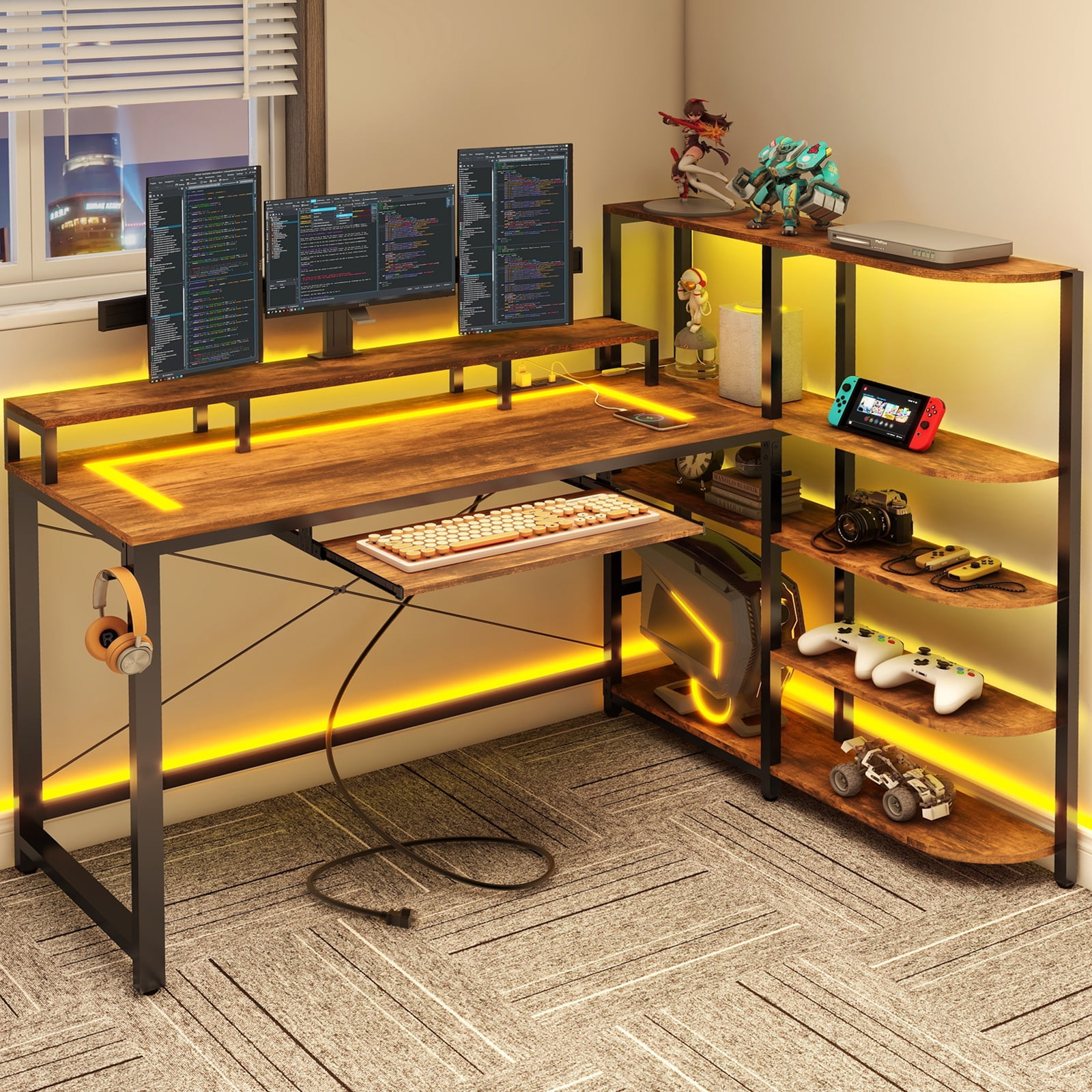 Vabches L Shaped Computer Desk, 56'' Gaming Desk with LED Lights ...