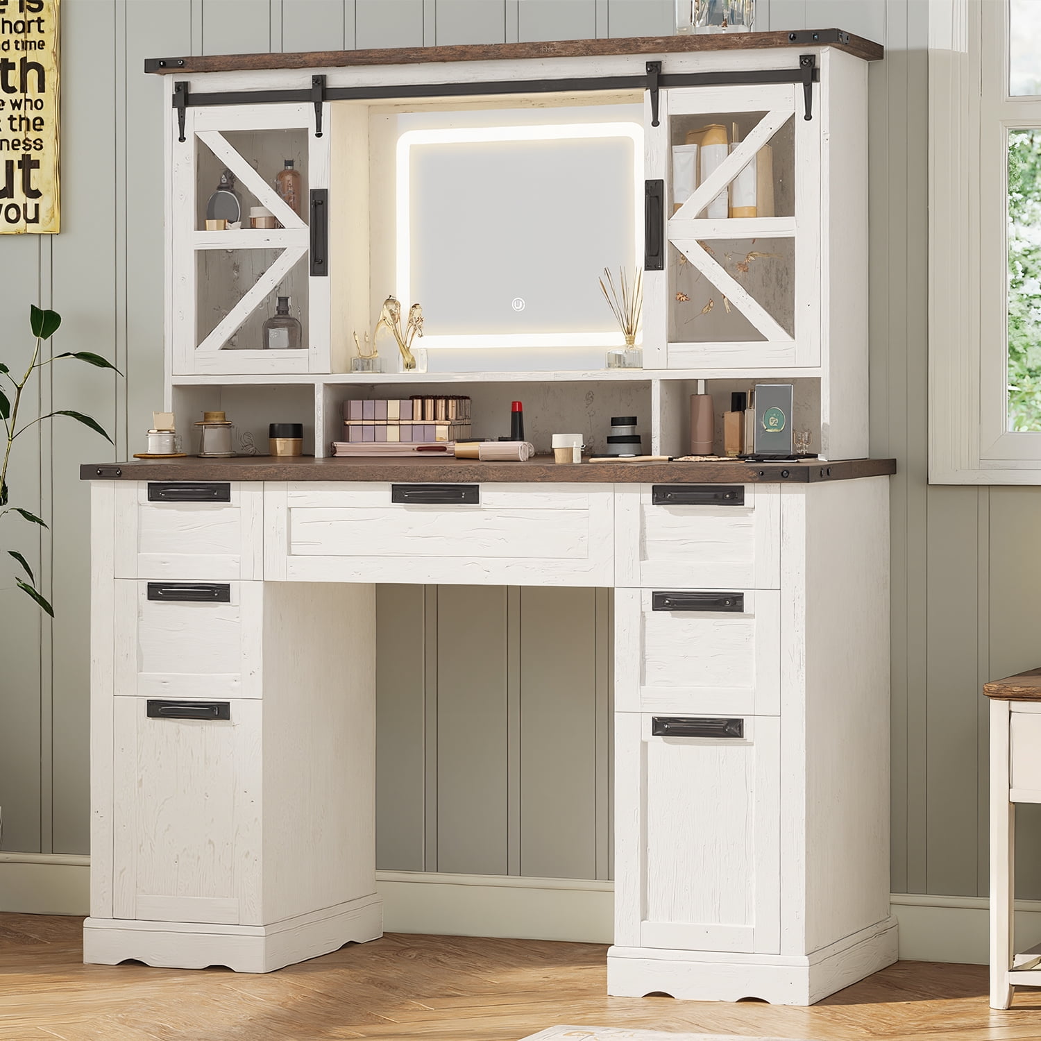 Vabches Large Makeup Vanity Desk with Lights and Mirror, Makeup Table ...