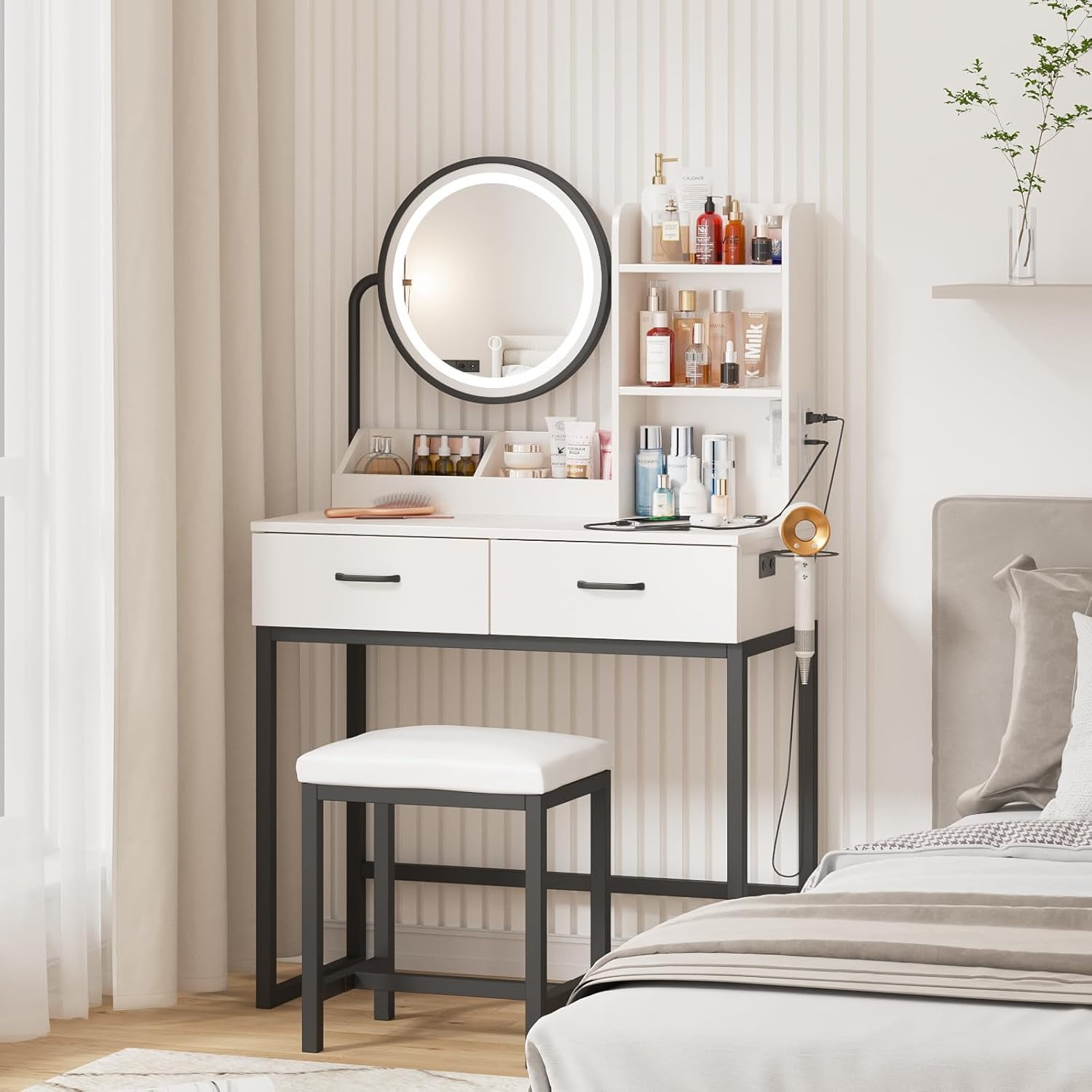 Vabches Makeup Vanity with Round Mirror and Lights, White Vanity Makeup ...