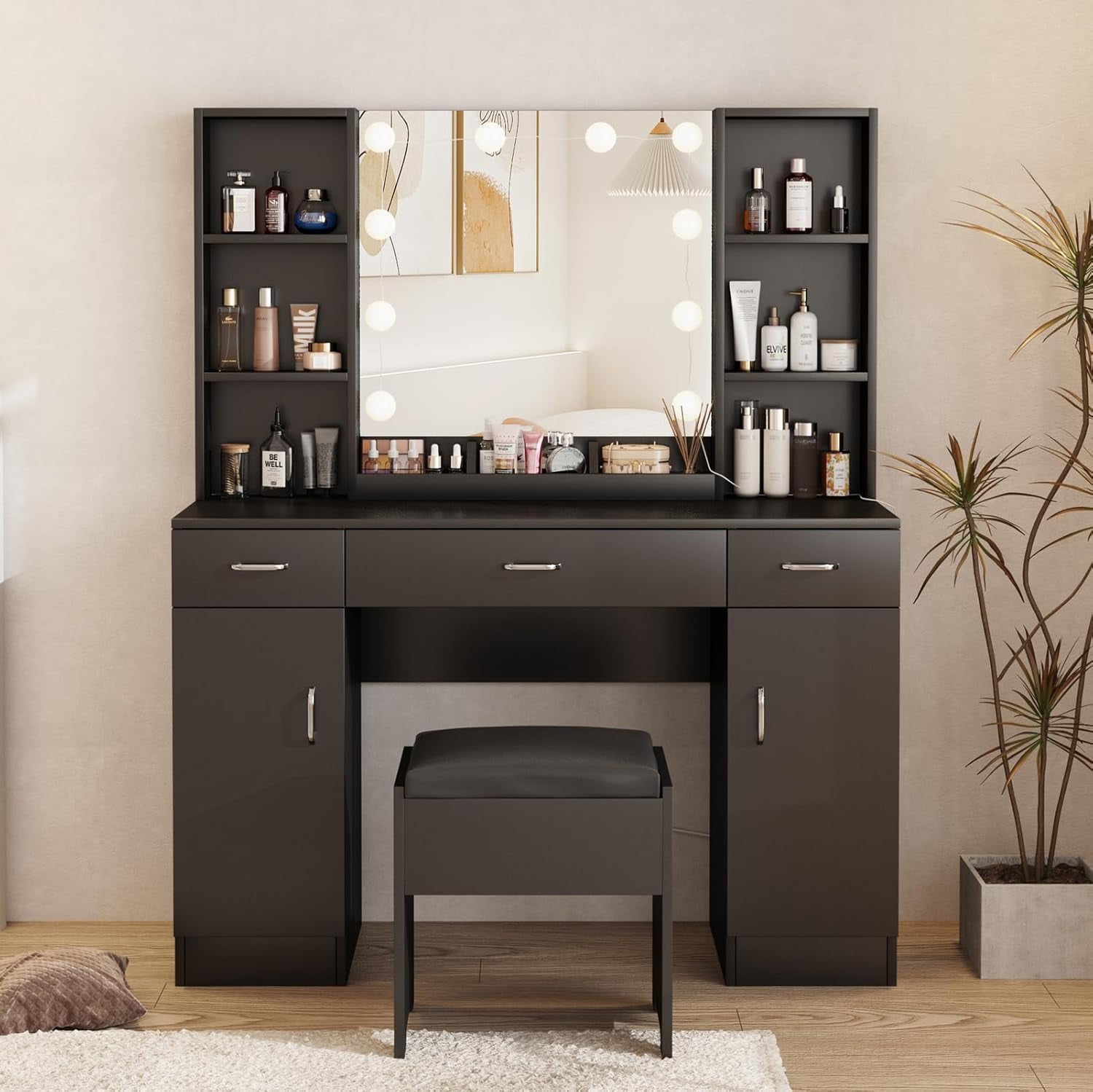 Vabches Makeup Vanity Table with Lighted Mirror & Power Strip, Large ...