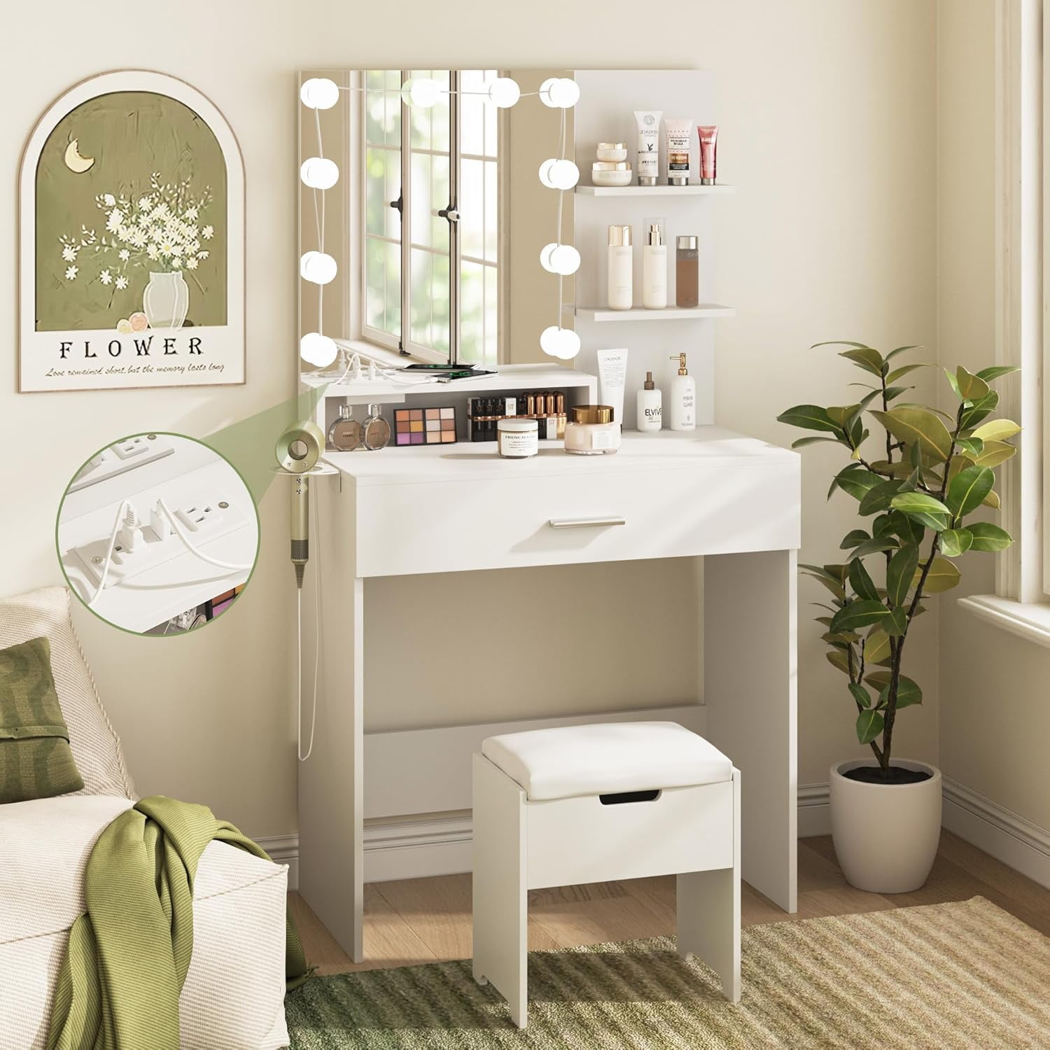 Vabches Makeup Vanity Table with Lighted Mirror & Power Strip, White ...