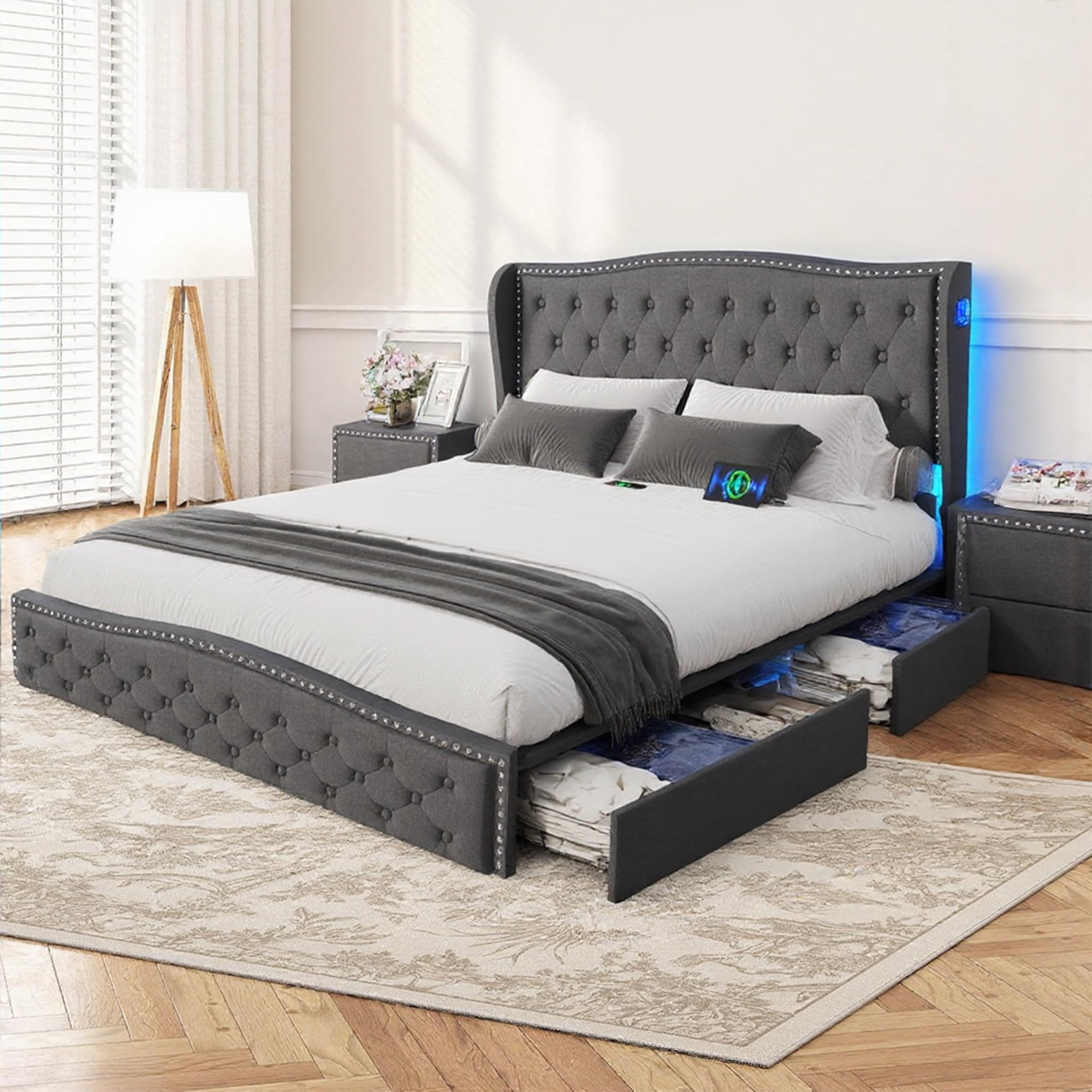 Vabches Queen LED Bed Frame with 4 Storage Drawers, Upholstered Storage ...