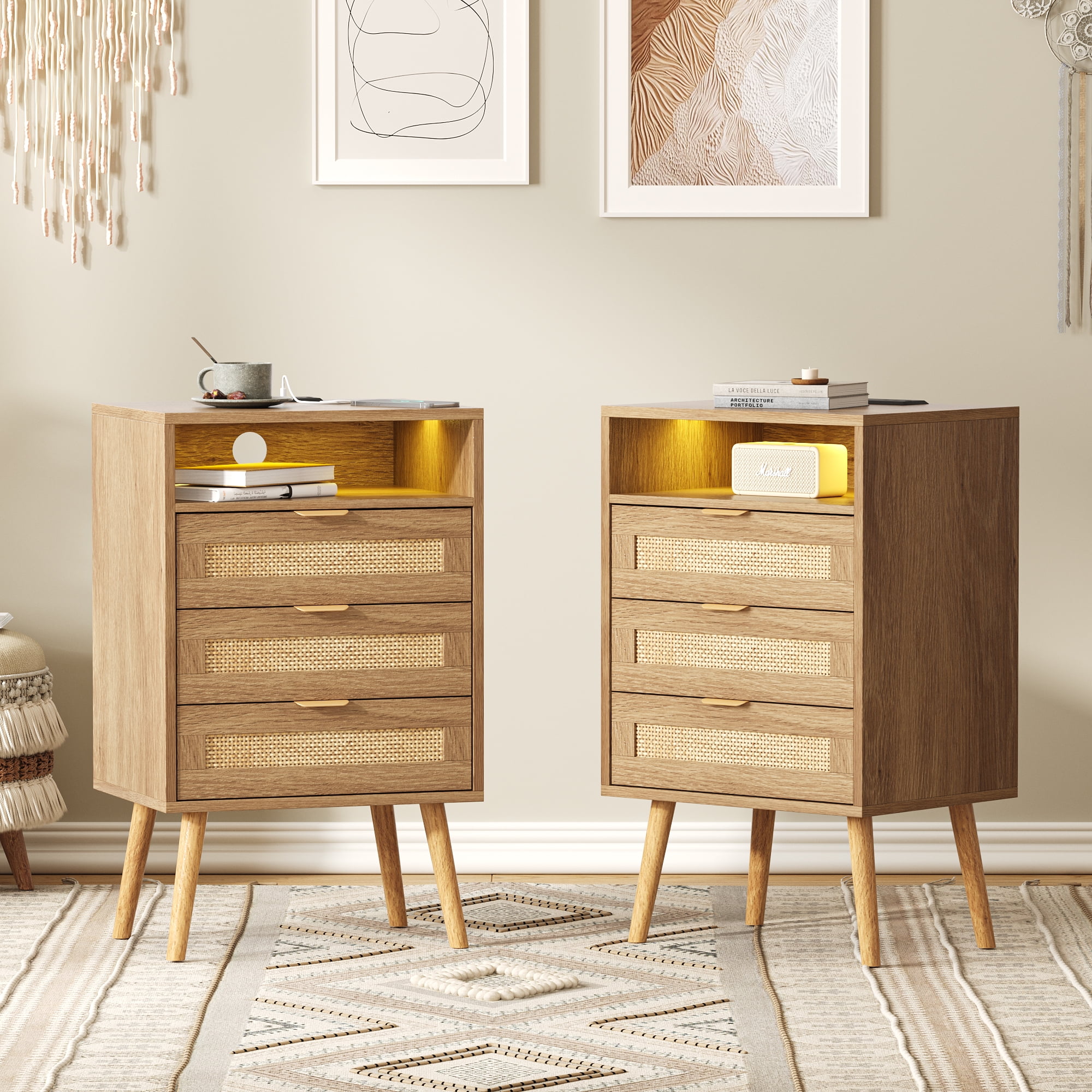 Vabches Rattan Nightstand Set of 2 with Charging Station and 3 Drawers ...