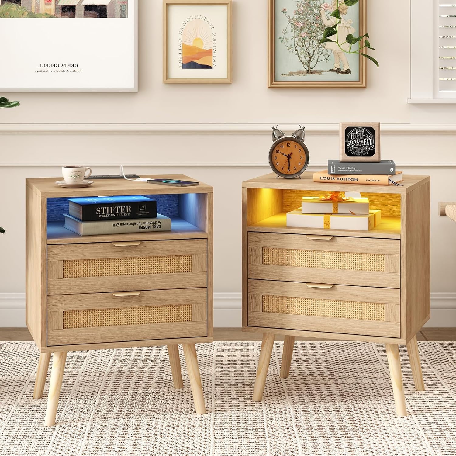 Vabches Rattan Nightstand (Set of 2) with USB and 2 Drawers, for ...