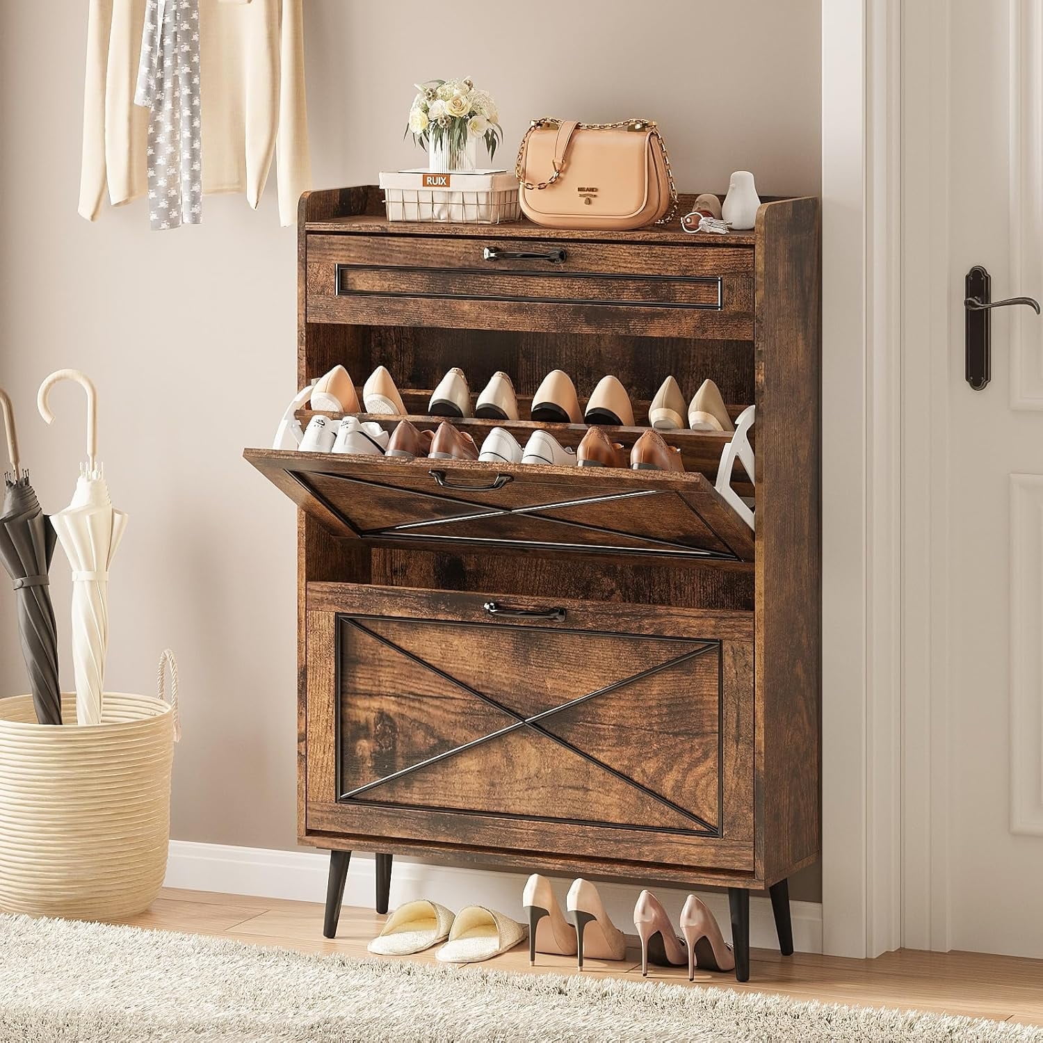 Vabches Shoe Cabinet with 2 Flip Drawers & 1 Pull Drawer,Narrow Shoe ...