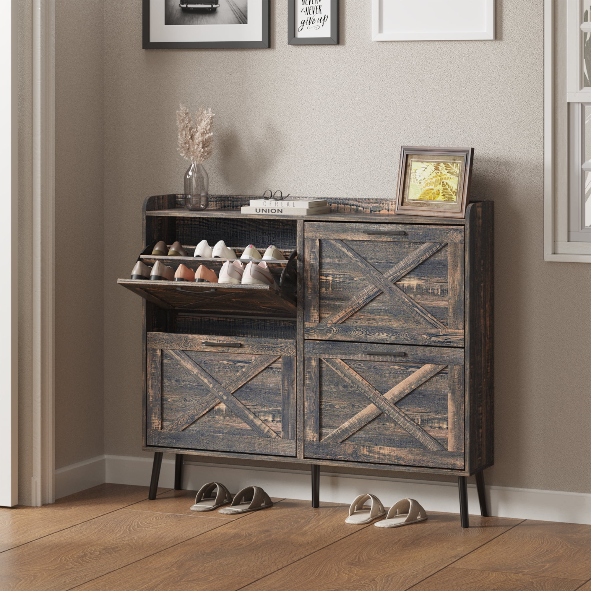 VEANERWOOD Shoe Cabinet with 4 Flip-Flop Drawers, Narrow Shoe Rack for ...